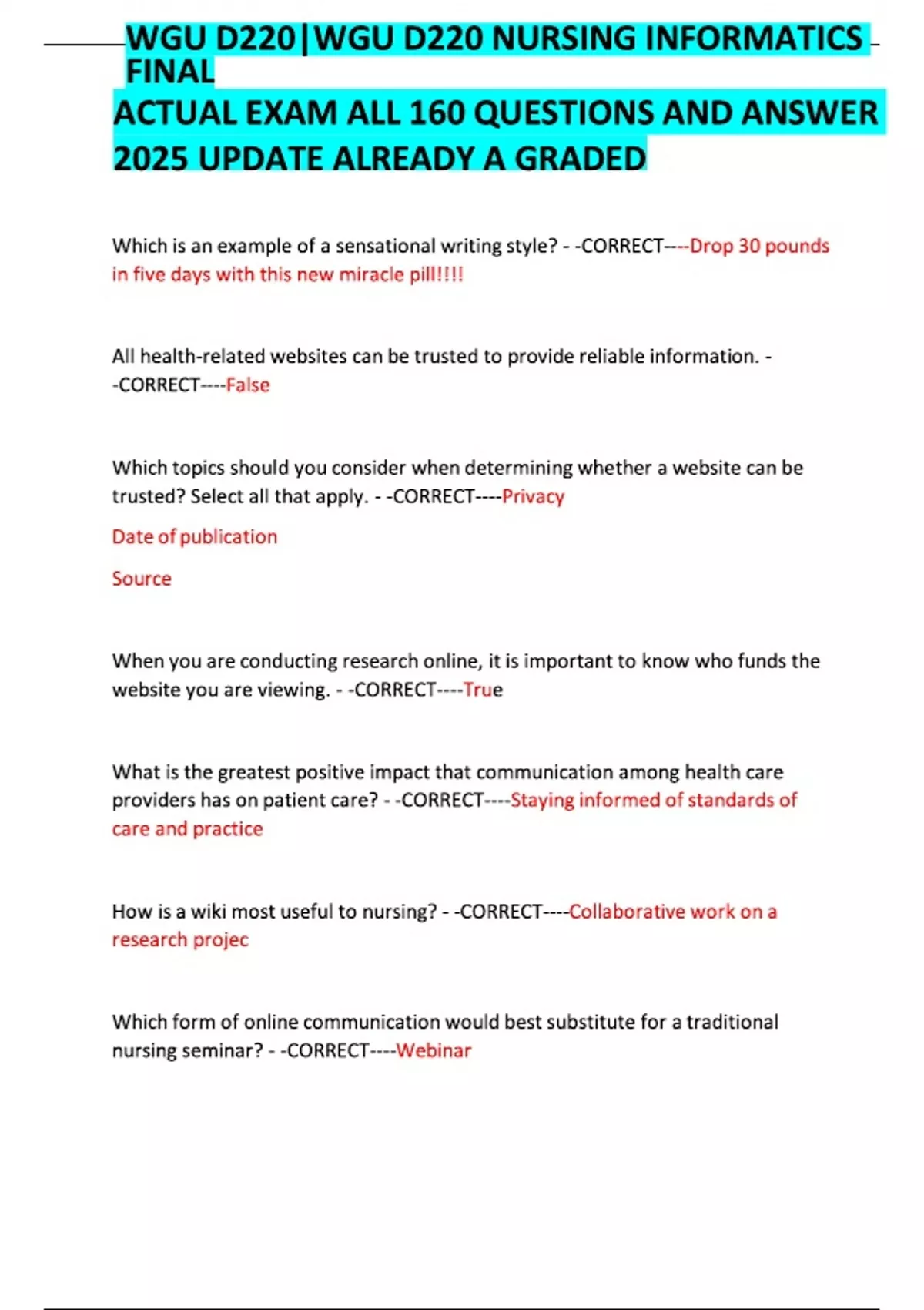 WGU D220|WGU D220 NURSING INFORMATICS FINAL ACTUAL EXAM ALL 160 QUESTIONS AND ANSWER 2025 UPDATE ...