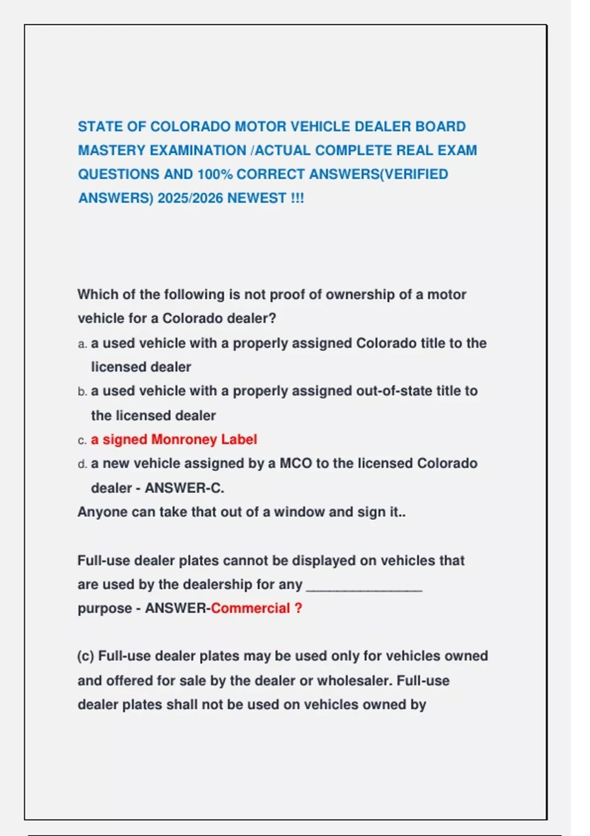 STATE OF COLORADO MOTOR VEHICLE DEALER BOARD MASTERY EXAMINATION ...