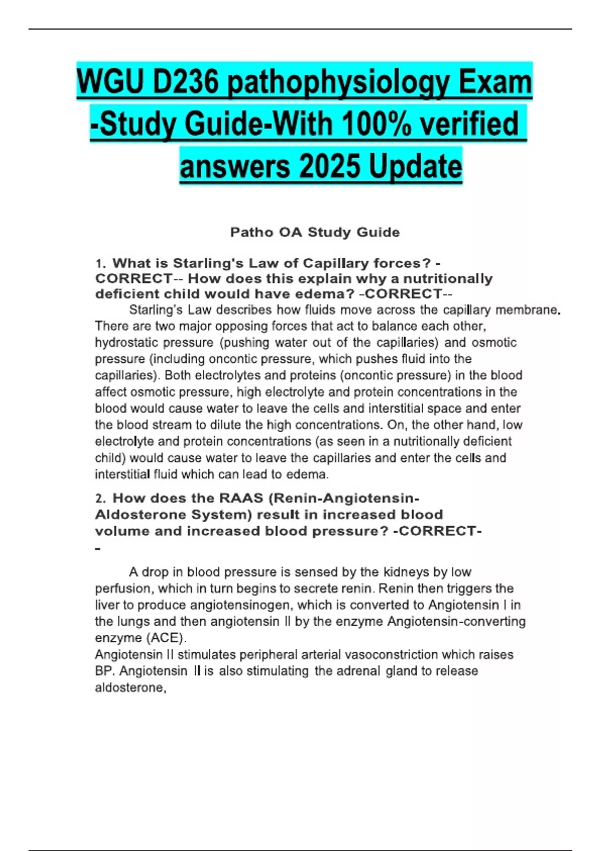 WGU D236 pathophysiology Exam -Study Guide-With 100% verified answers ...