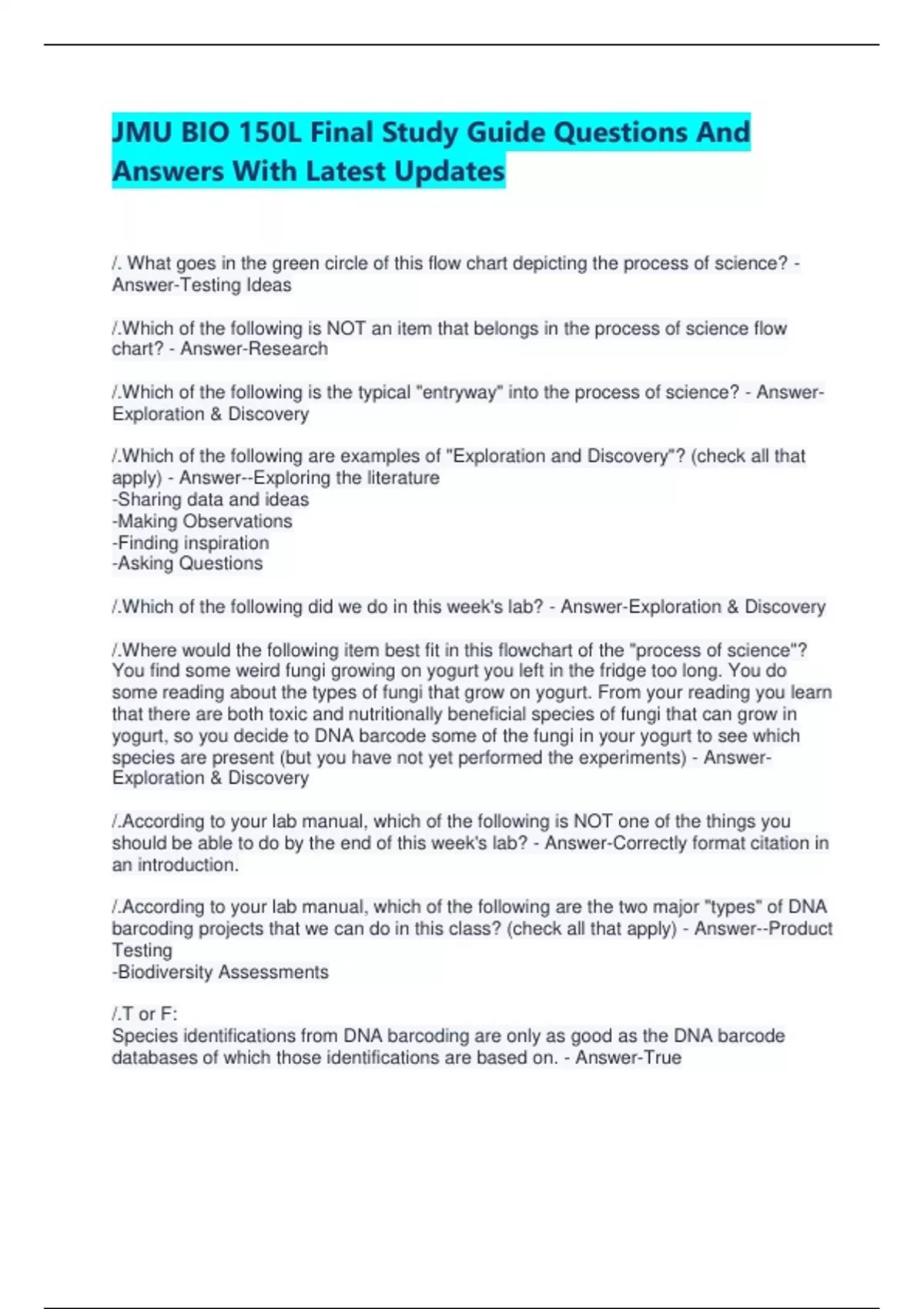 JMU BIO 150L Final Study Guide Questions And Answers With Latest ...