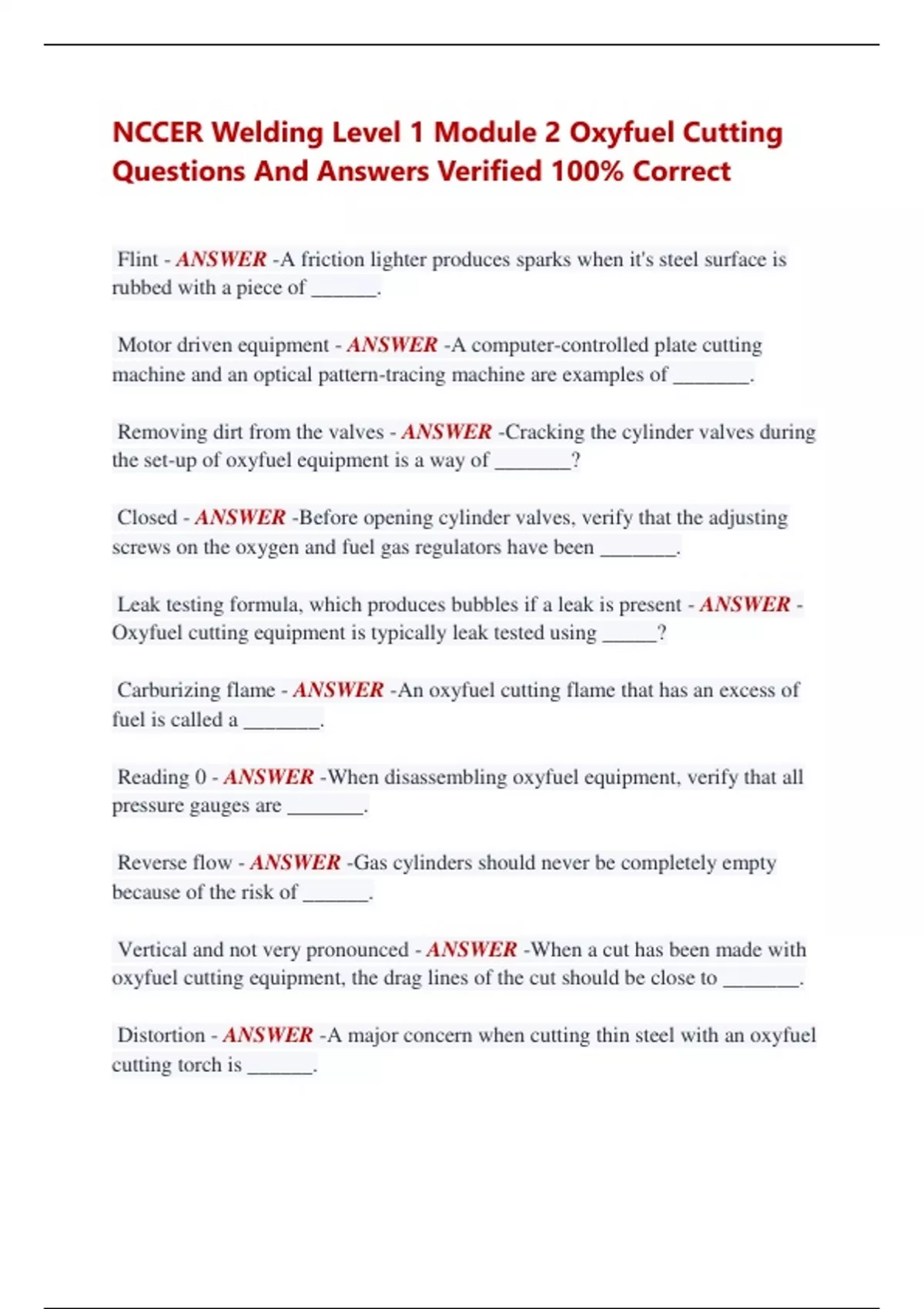 NCCER Welding Level 1 Module 2 Oxyfuel Cutting Questions And Answers ...