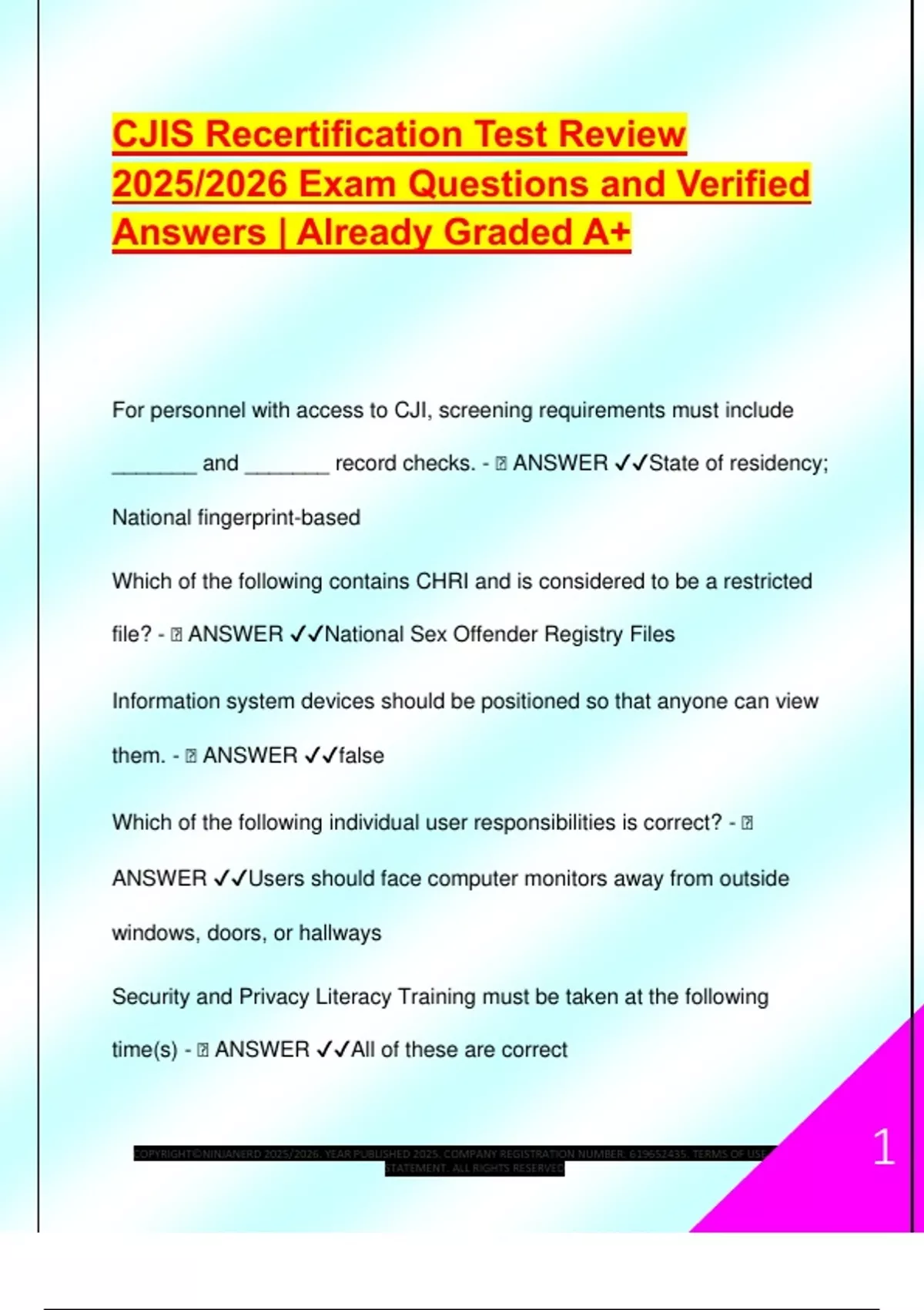 CJIS Recertification Test Review 2025/2026 Exam Questions and Verified ...