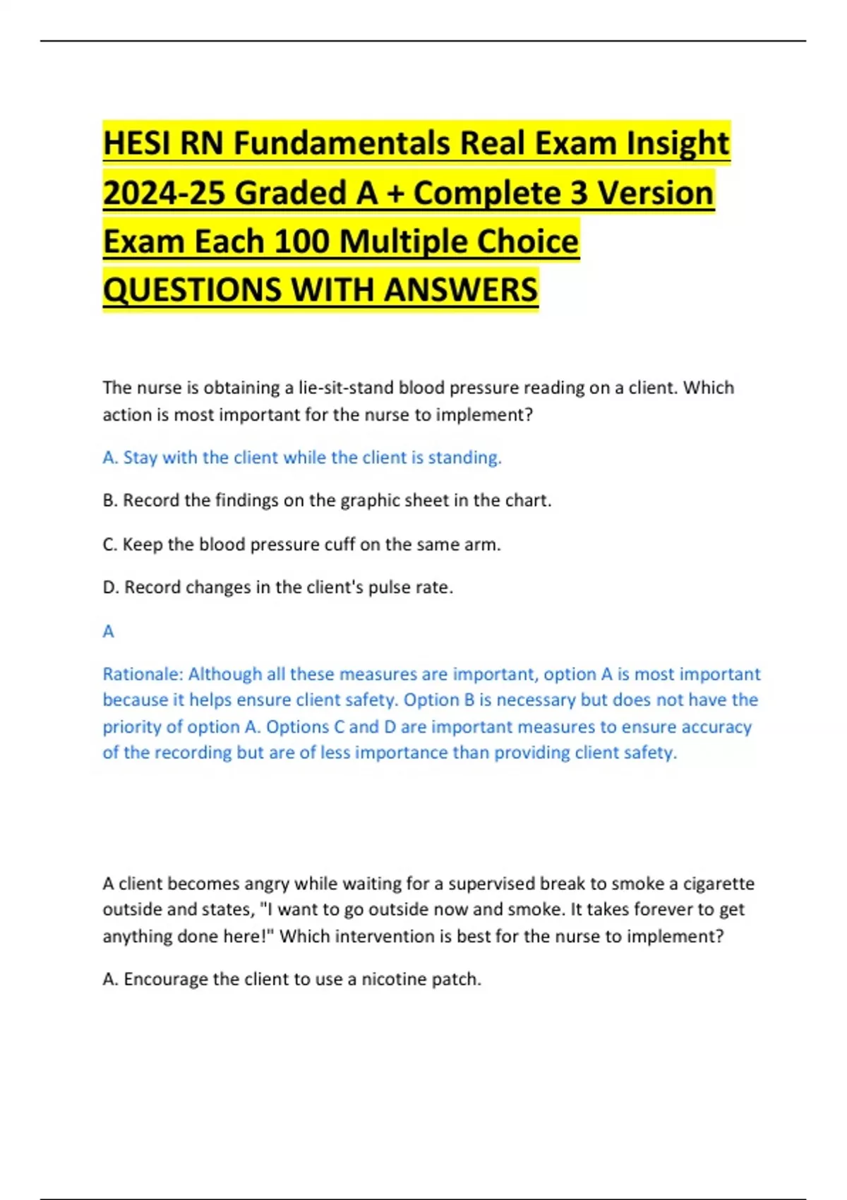 HESI RN Fundamentals Real Exam Insight 2024-25 Graded A + Complete 3 Version Exam Each 100 ...