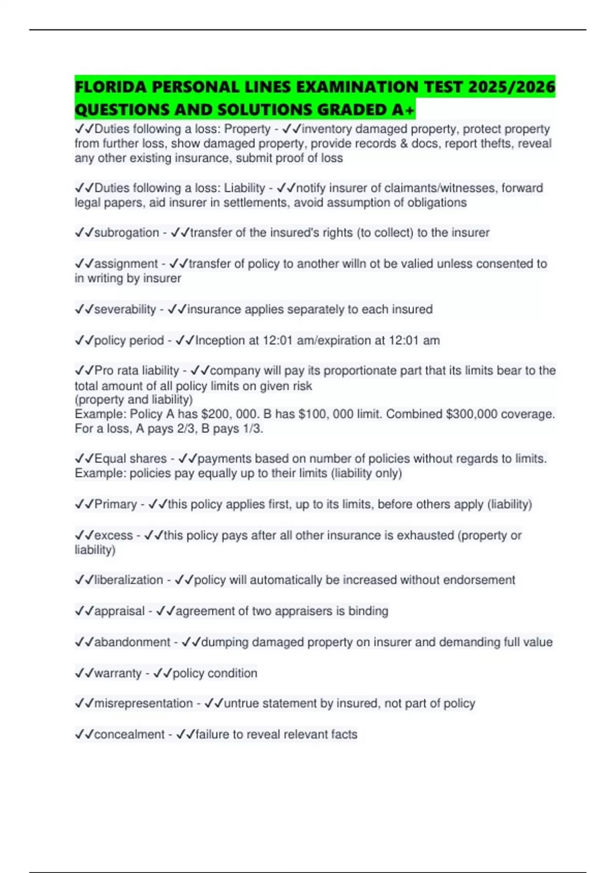 FLORIDA PERSONAL LINES EXAMINATION TEST 2025/2026 QUESTIONS AND ...