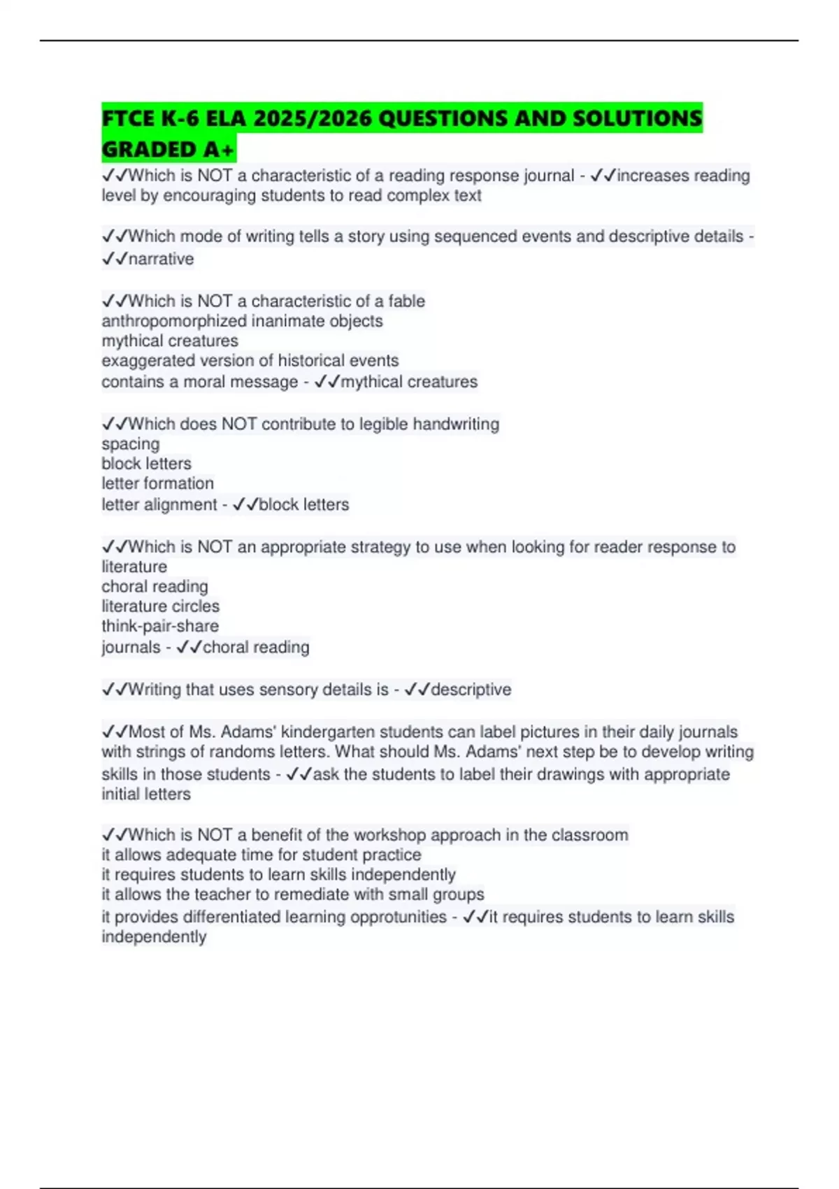 FTCE K-6 ELA 2025/2026 QUESTIONS AND SOLUTIONS GRADED A+ - FTCE p.e ...