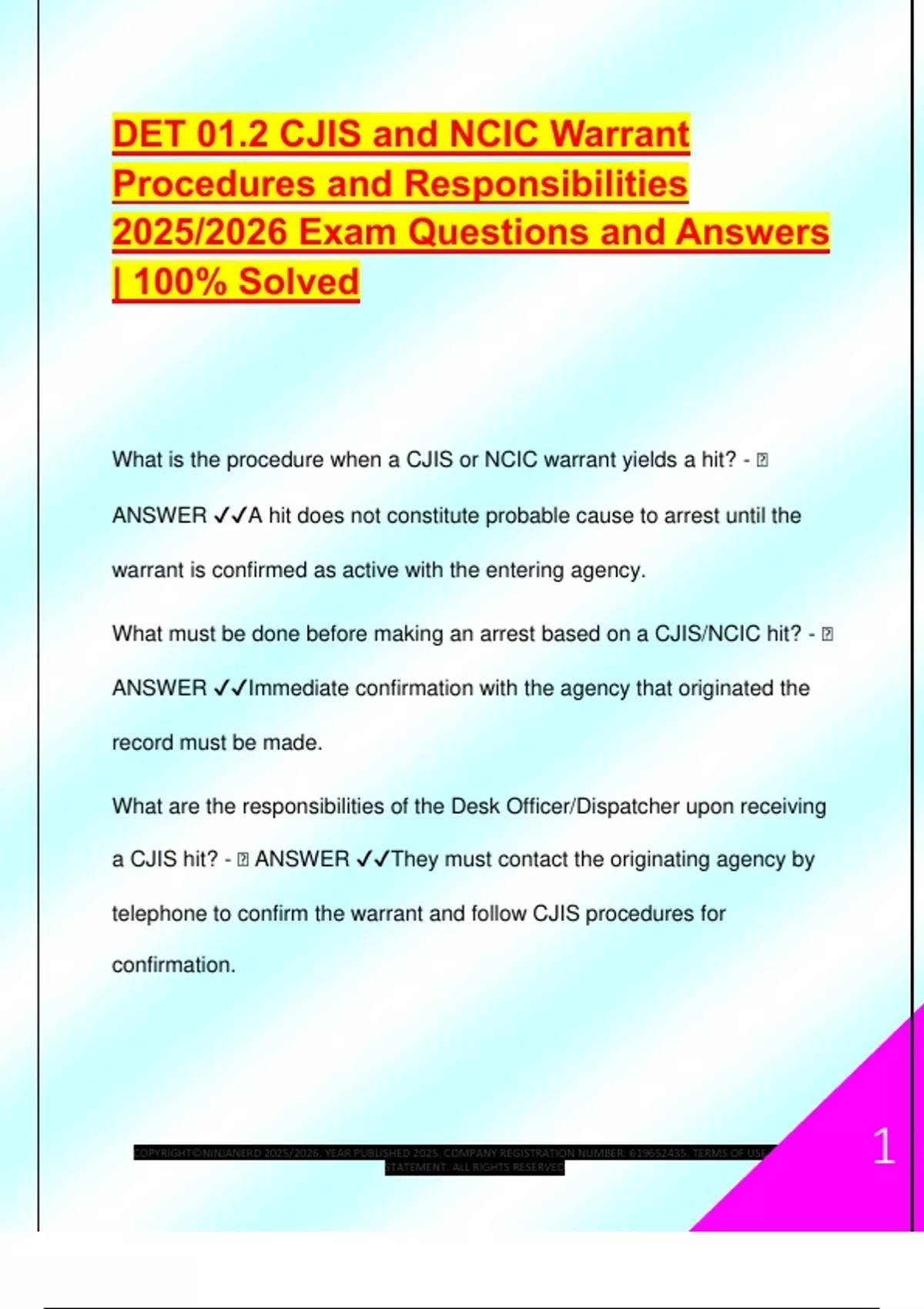 DET 01.2 CJIS and NCIC Warrant Procedures and Responsibilities 2025/ ...