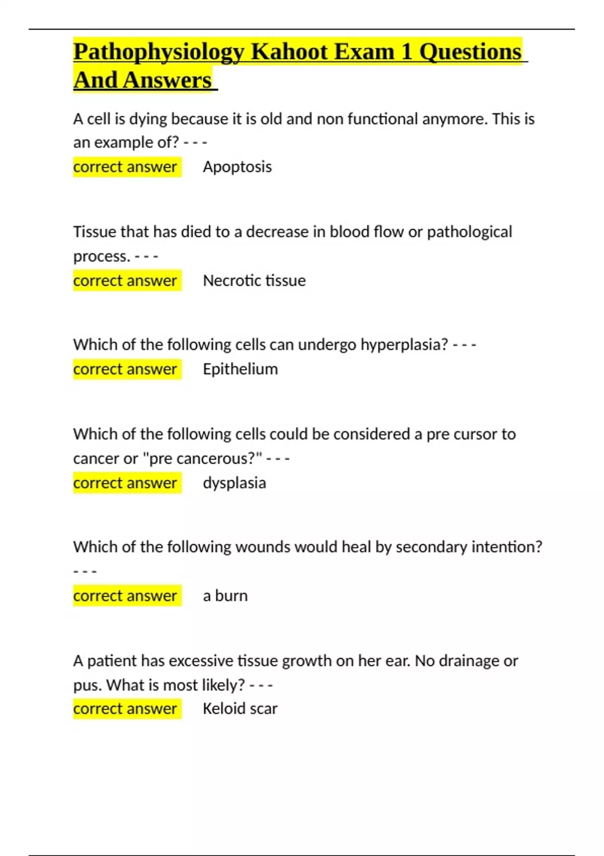 Pathophysiology Kahoot Exam 1 Questions And Answers.docx - Kahoot - Stuvia US