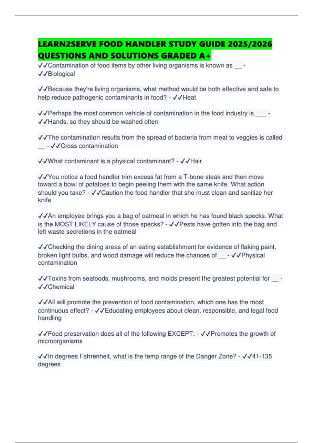 LEARN2SERVE FOOD HANDLER STUDY GUIDE 2025/2026 QUESTIONS AND SOLUTIONS ...