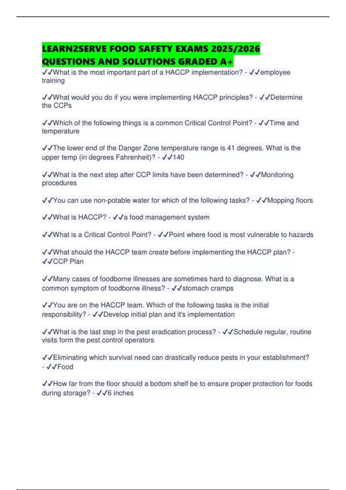 LEARN2SERVE FOOD SAFETY EXAMS 2025/2026 QUESTIONS AND SOLUTIONS GRADED ...