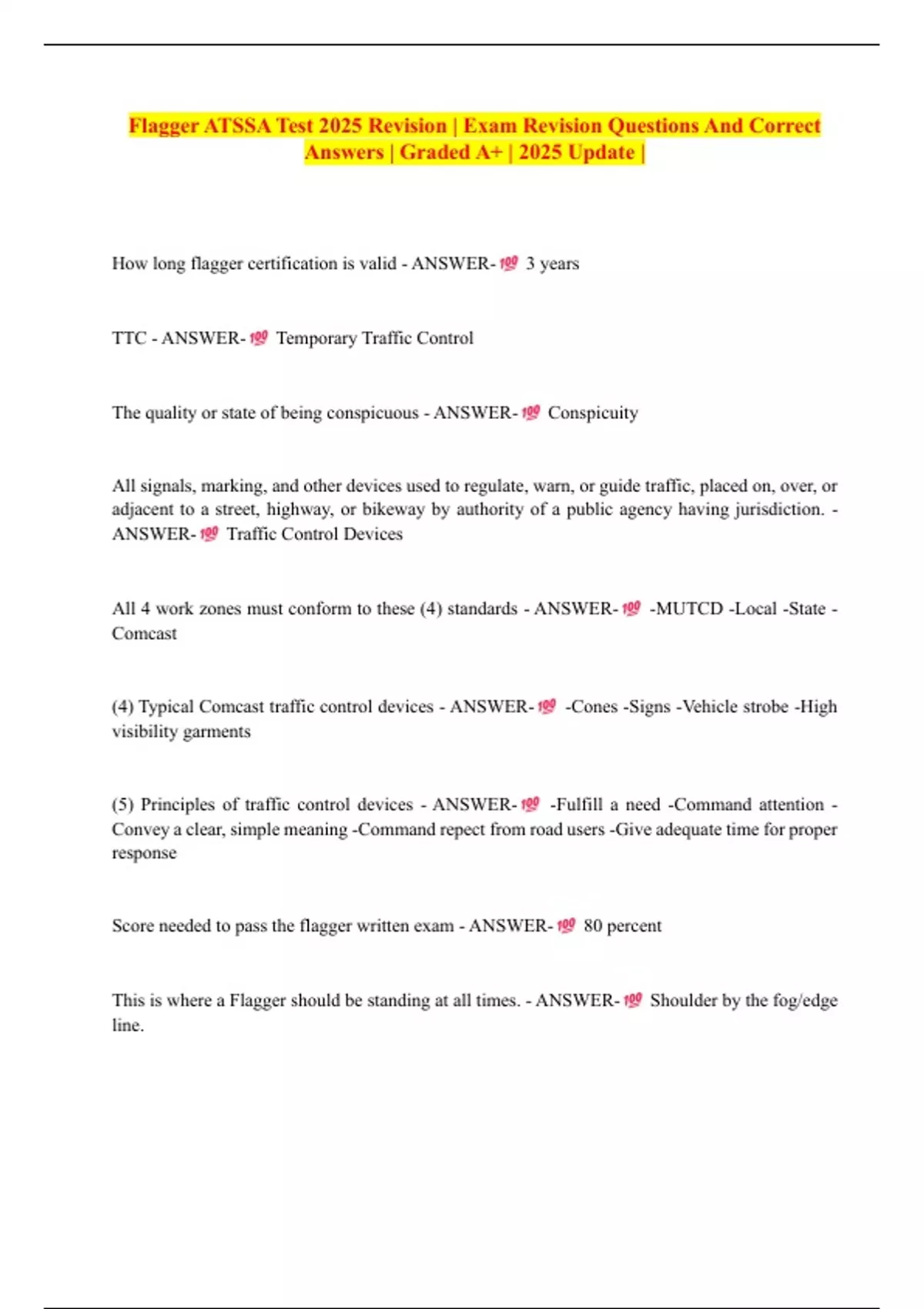 Flagger Atssa Test 2025 Revision Exam Revision Questions And Correct Answers Graded A