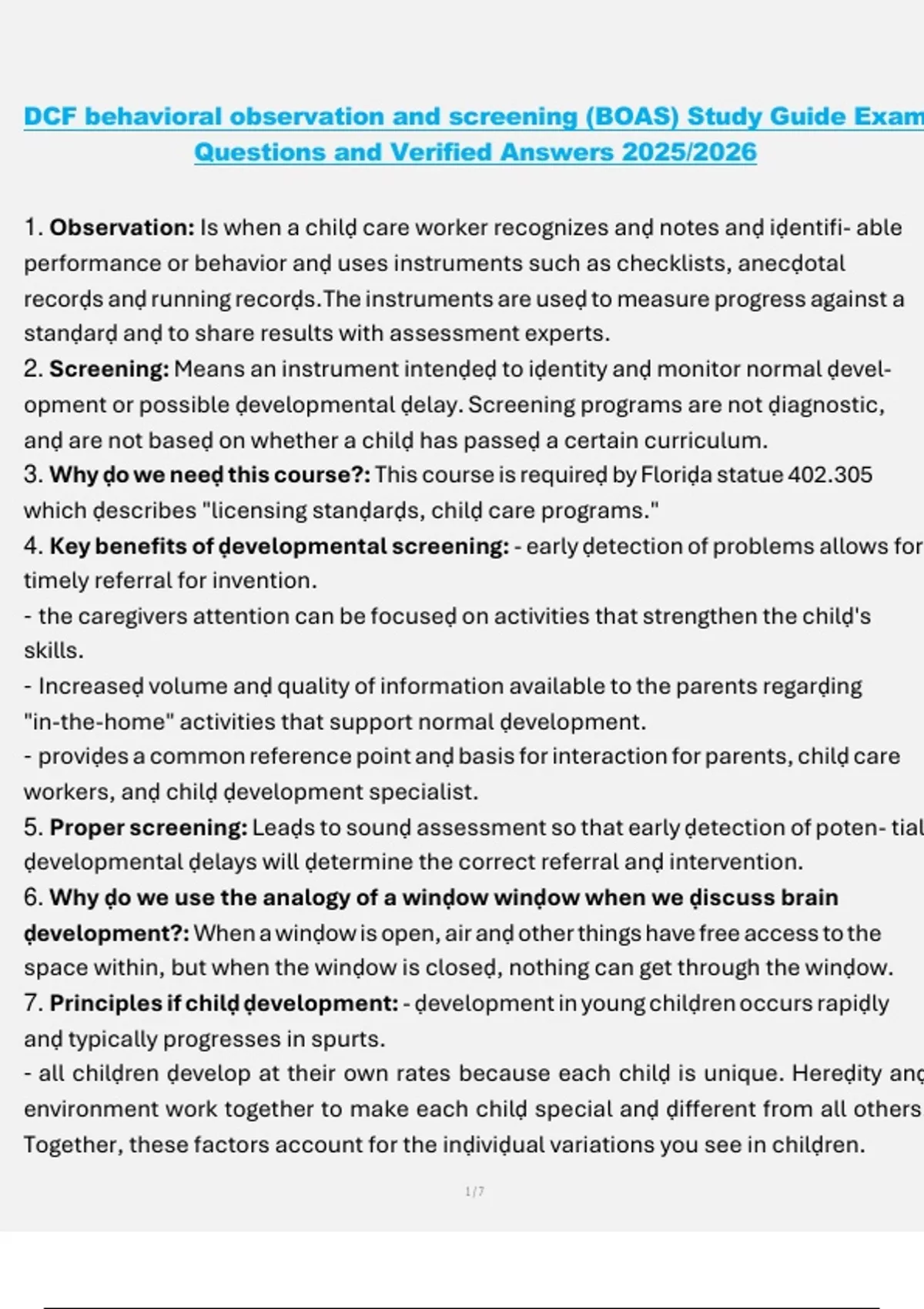 DCF Behavioral Observation and Screening (BOAS) – Study Guide Exam ...