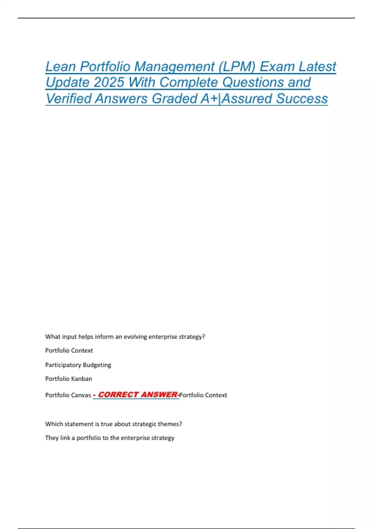 Lean Portfolio Management (LPM) Exam Latest Update 2025 With Complete ...