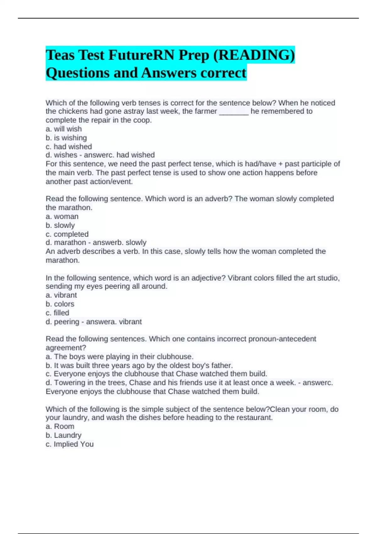 Teas Test FutureRN Prep (READING) Questions and Answers correct - TEAS ...