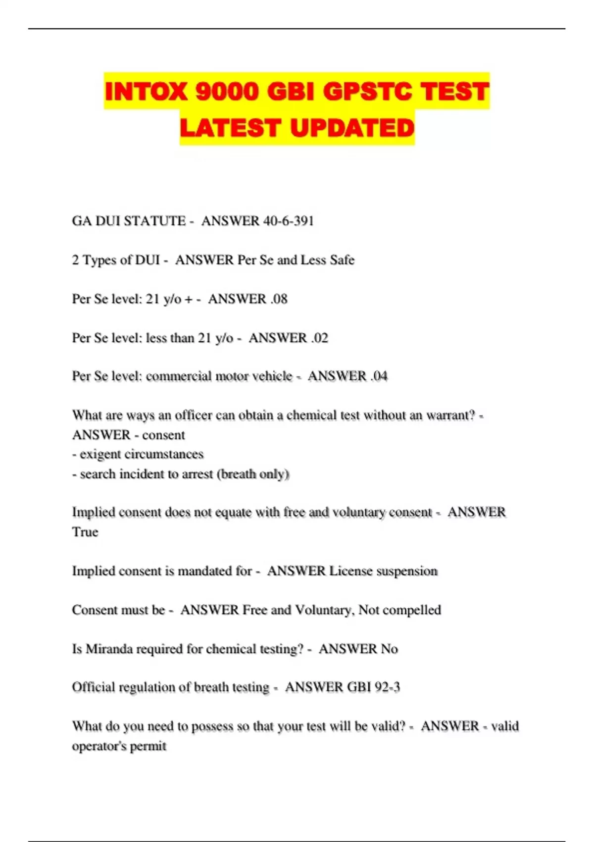 INTOX 9000 GBI GPSTC TEST LATEST UPDATED - INTOX 9000 GBI GPSTC - Stuvia US