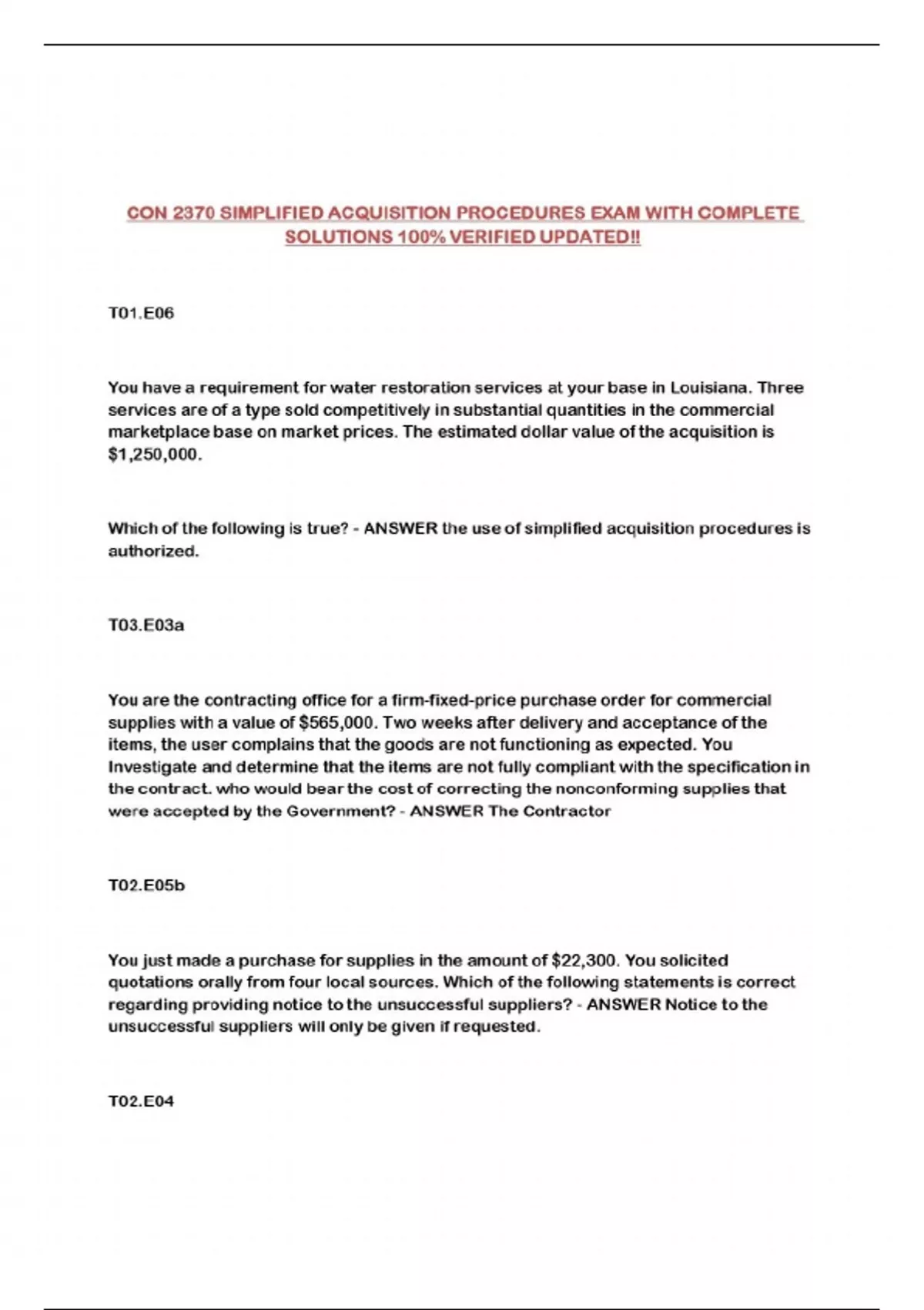 CON 2370 SIMPLIFIED ACQUISITION PROCEDURES EXAM WITH COMPLETE SOLUTIONS ...