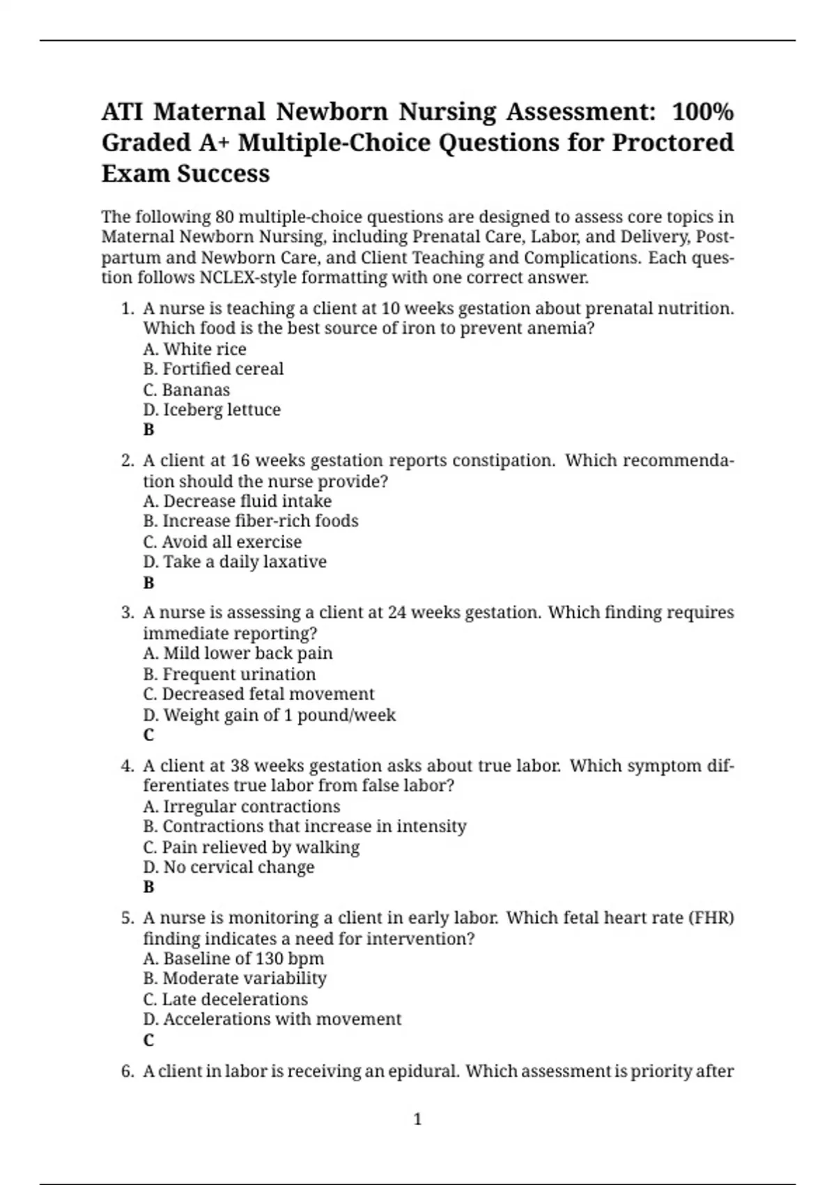 ATI Maternal Newborn Nursing Assessment: 100% Graded A+ Multiple-Choice ...