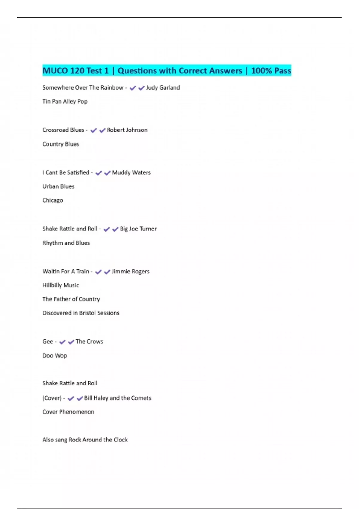 MUCO 120 Test 1 | Questions with Correct Answers | 100% Pass - MUCO 120 ...