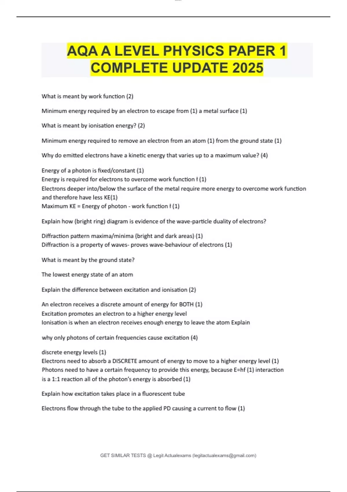 AQA A LEVEL PHYSICS PAPER 1 ACTUAL EXAM WITH 100% RATED CORRECT REAL EXAM QUESTIONS AND CORRECT ...