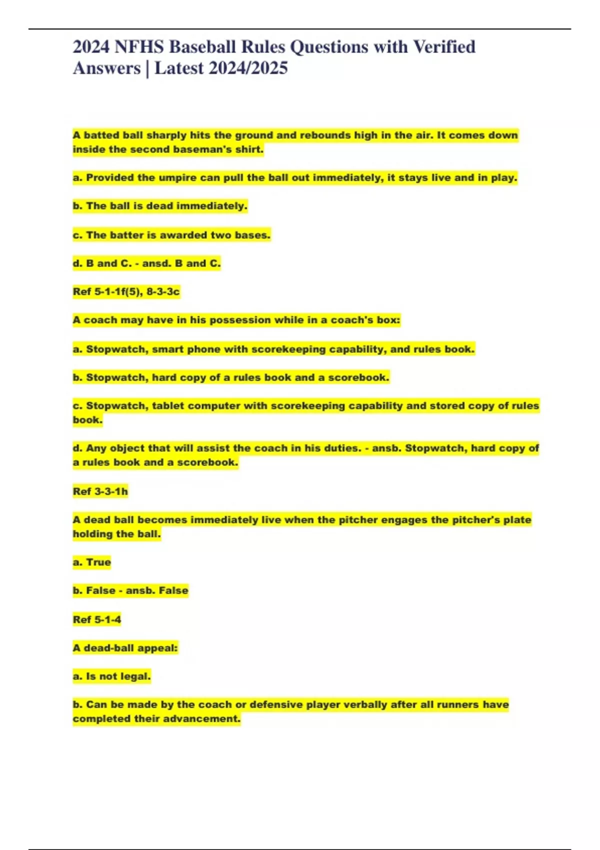 2024 NFHS Baseball Rules Questions with Verified Answers Latest .pdf ...