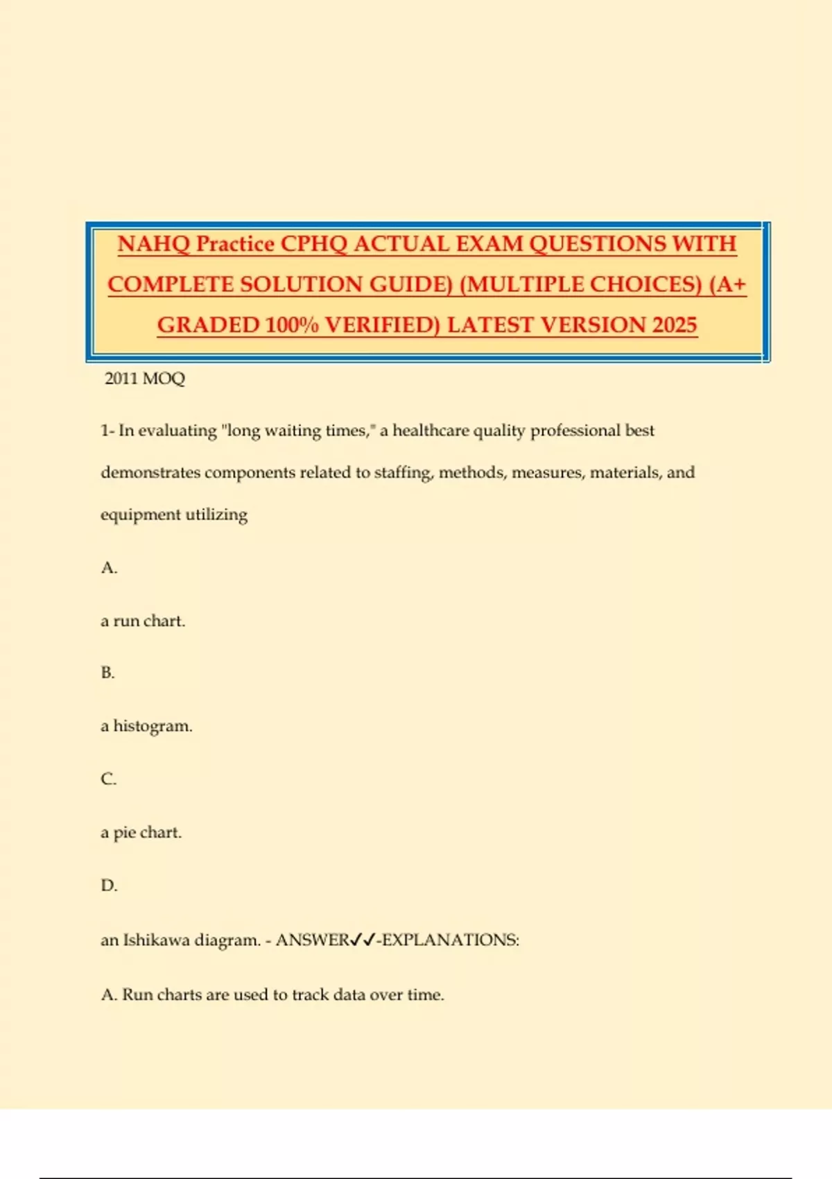NAHQ Practice CPHQ ACTUAL EXAM QUESTIONS WITH COMPLETE SOLUTION GUIDE ...