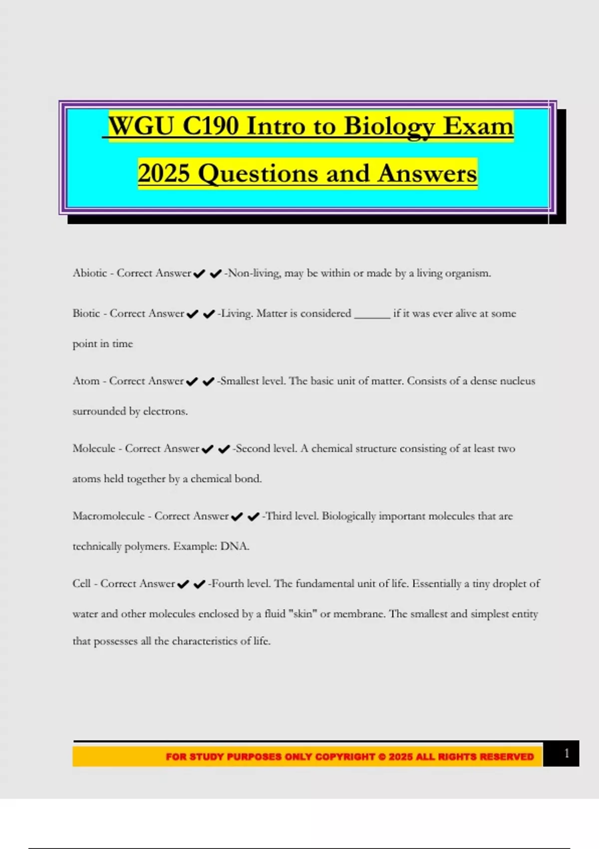 WGU C190 Intro to Biology Exam 2025 Questions and Answers - WGU C190 ...