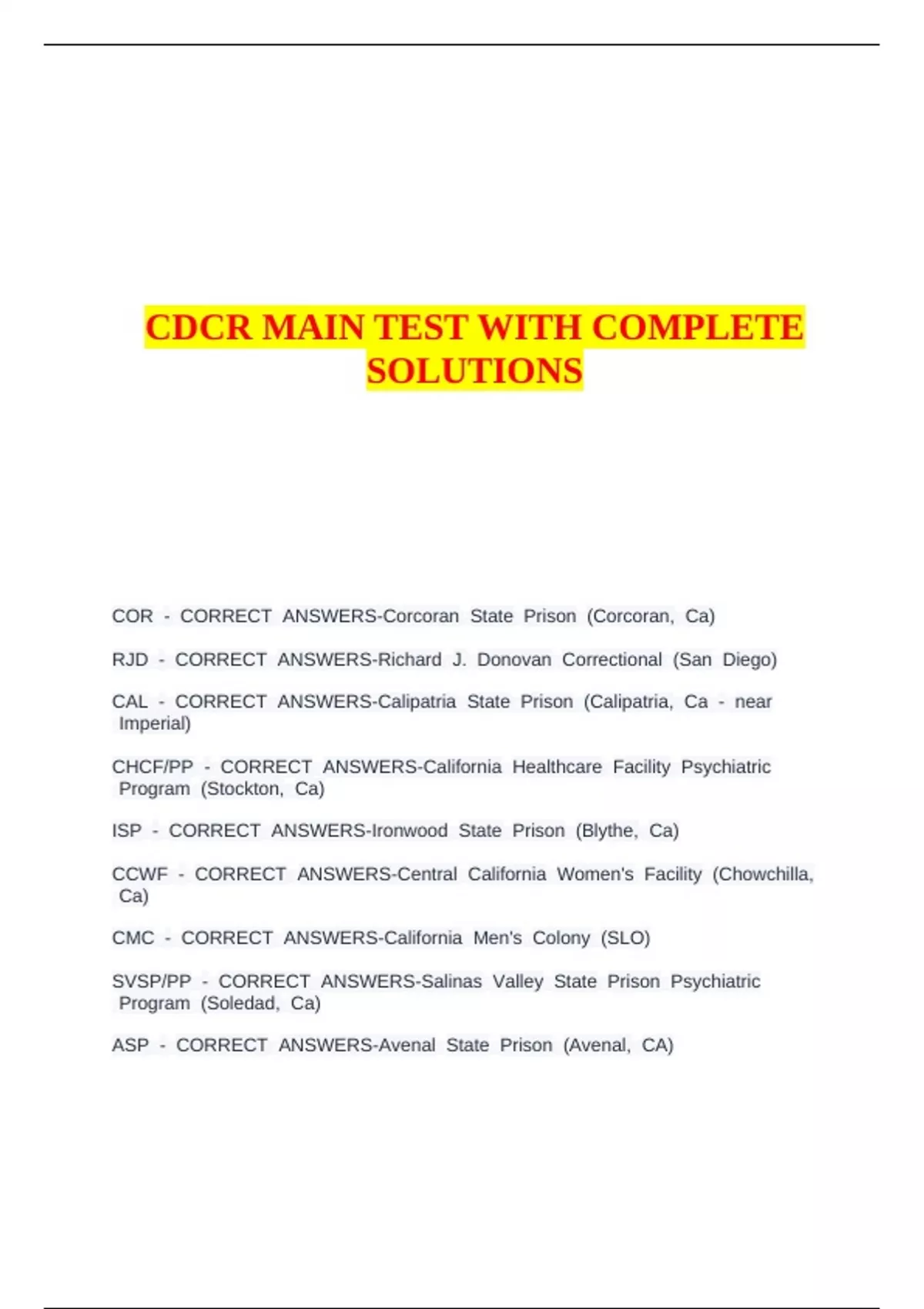 CDCR MAIN TEST WITH COMPLETE SOLUTIONS - Cdcr - Stuvia US