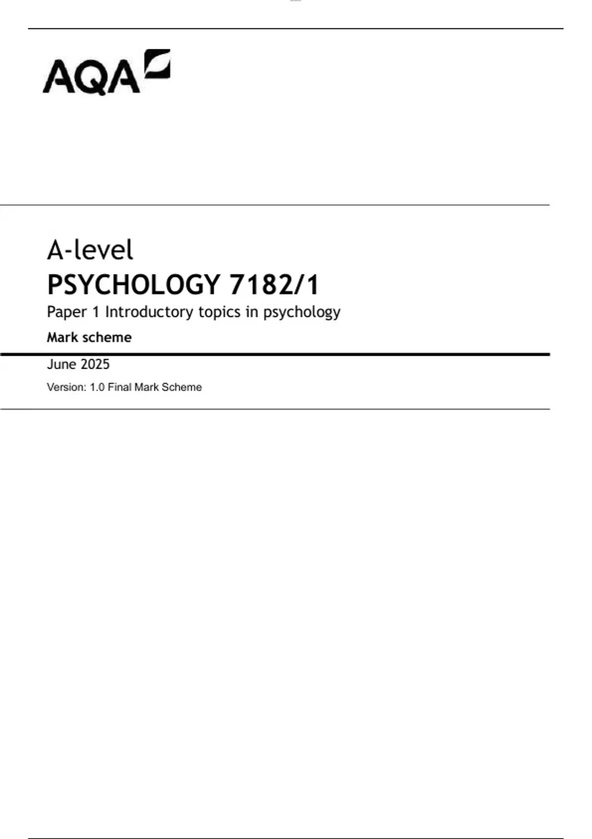 AQA A Level June 2025 Psychology Paper 1 Introductory Topics In ...