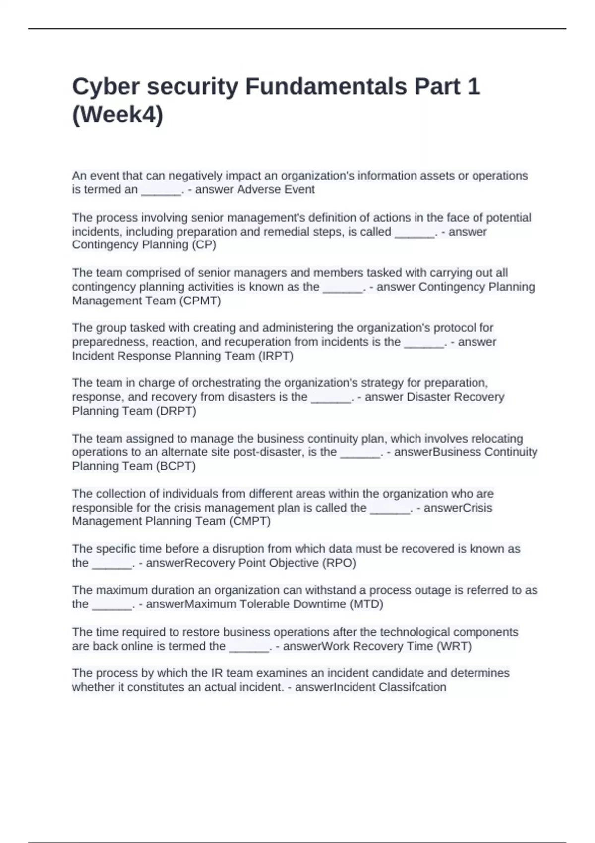 Cyber security Fundamentals Part 1 (Week4) Questions and Answers 100% ...