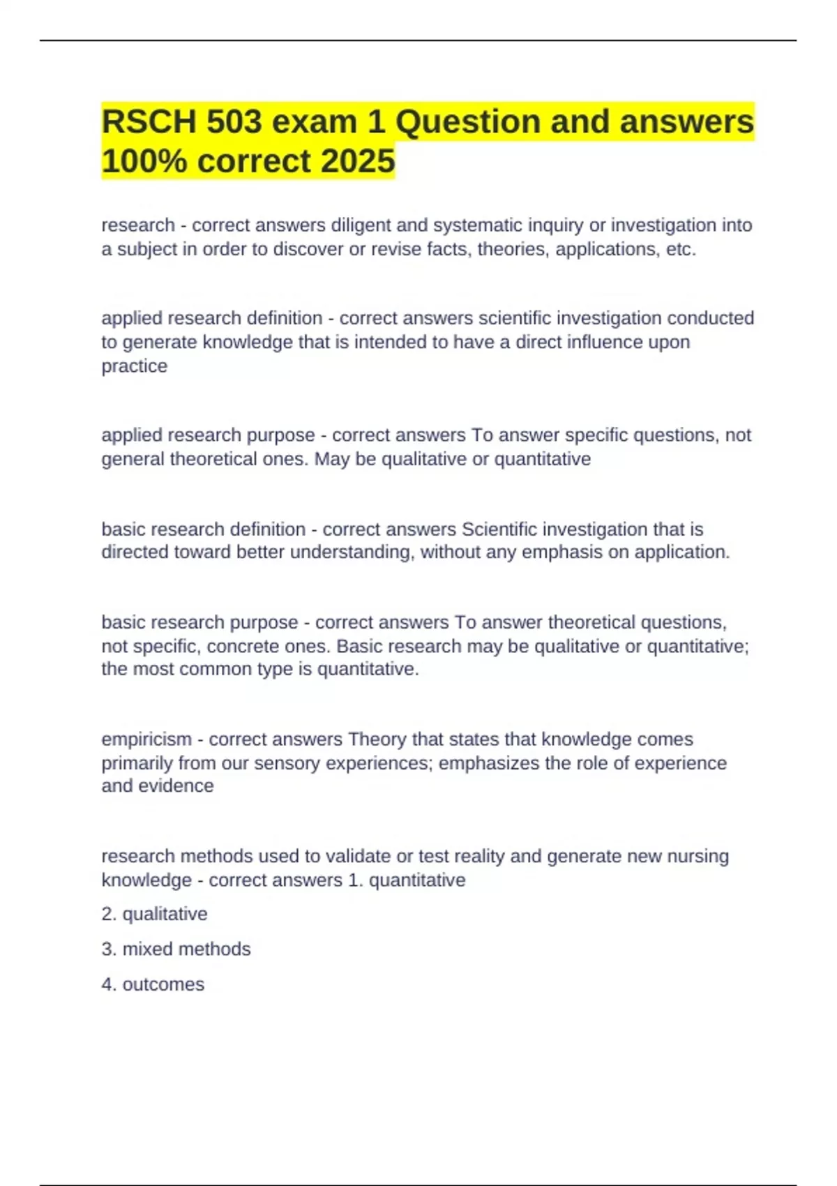 RSCH 503 exam 1 Question and answers 100% correct 2025 - RSCH 503 - Stuvia US