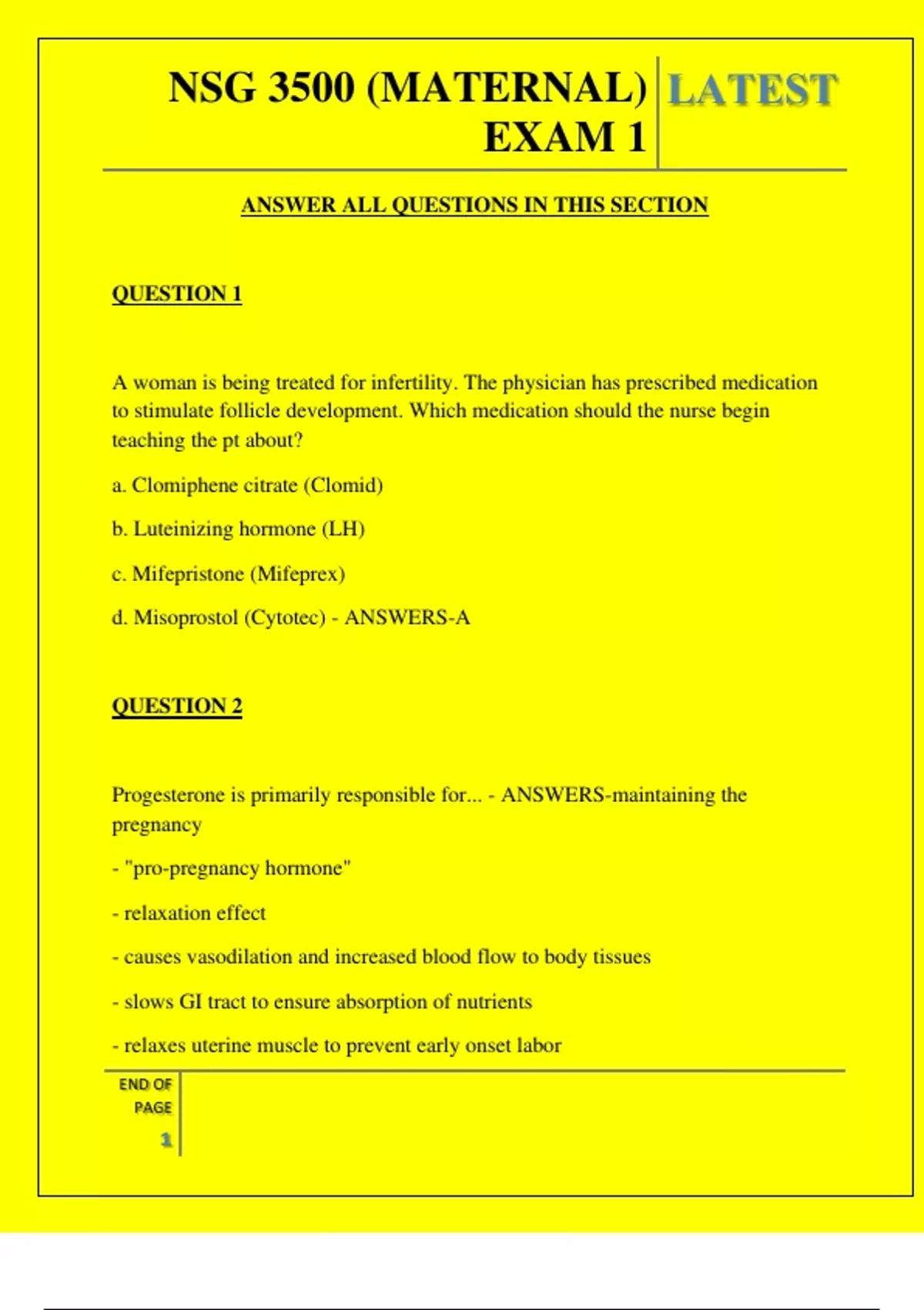 NSG 3500 (MATERNAL) EXAM 1 QUESTIONS AND ANSWERS 2025 - NSG 3500 ...