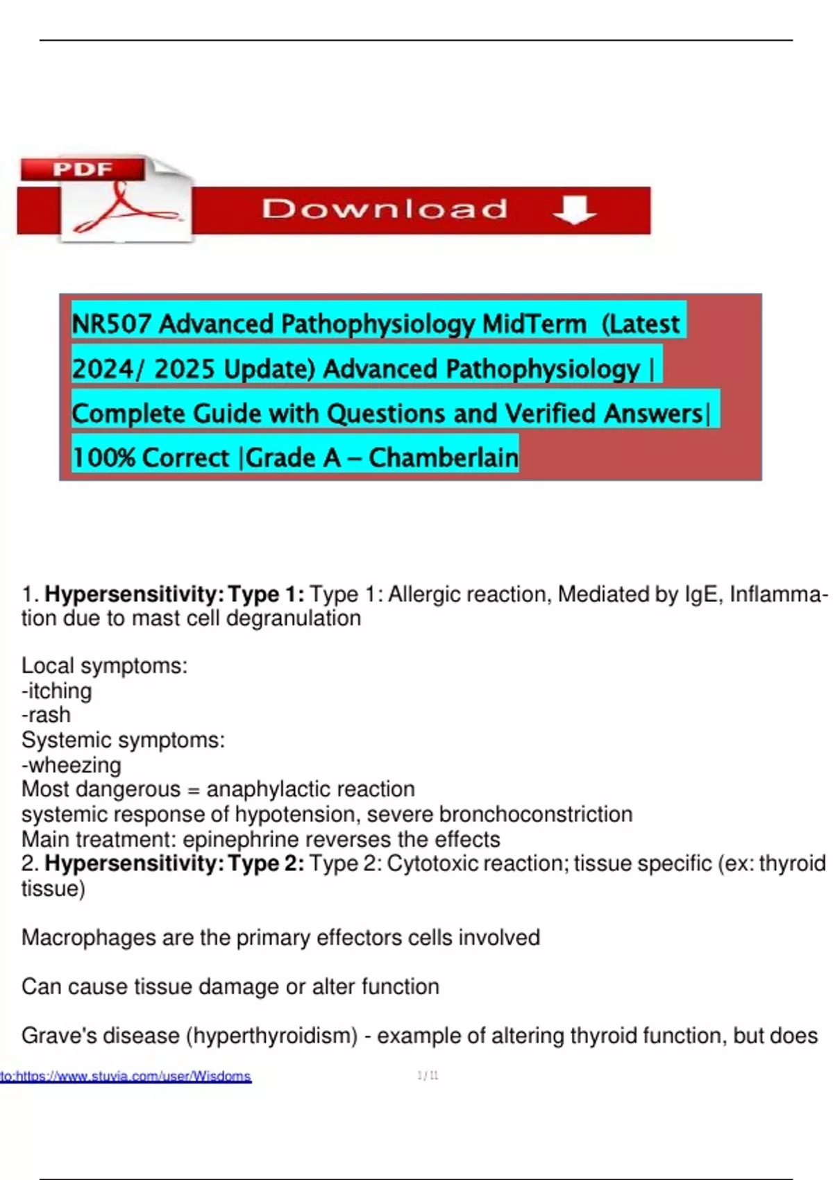 NR507 Advanced Pathophysiology MidTerm (Latest 2024/ 2025 Update ...