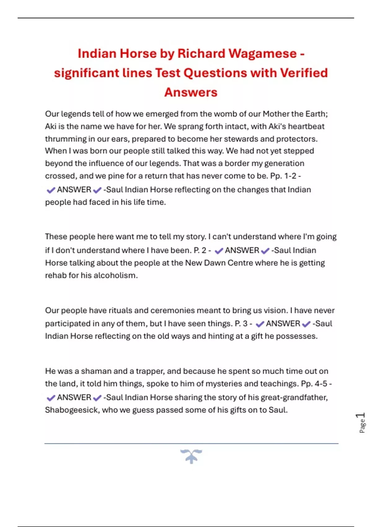 Indian Horse by Richard Wagamese - significant lines Test Questions ...