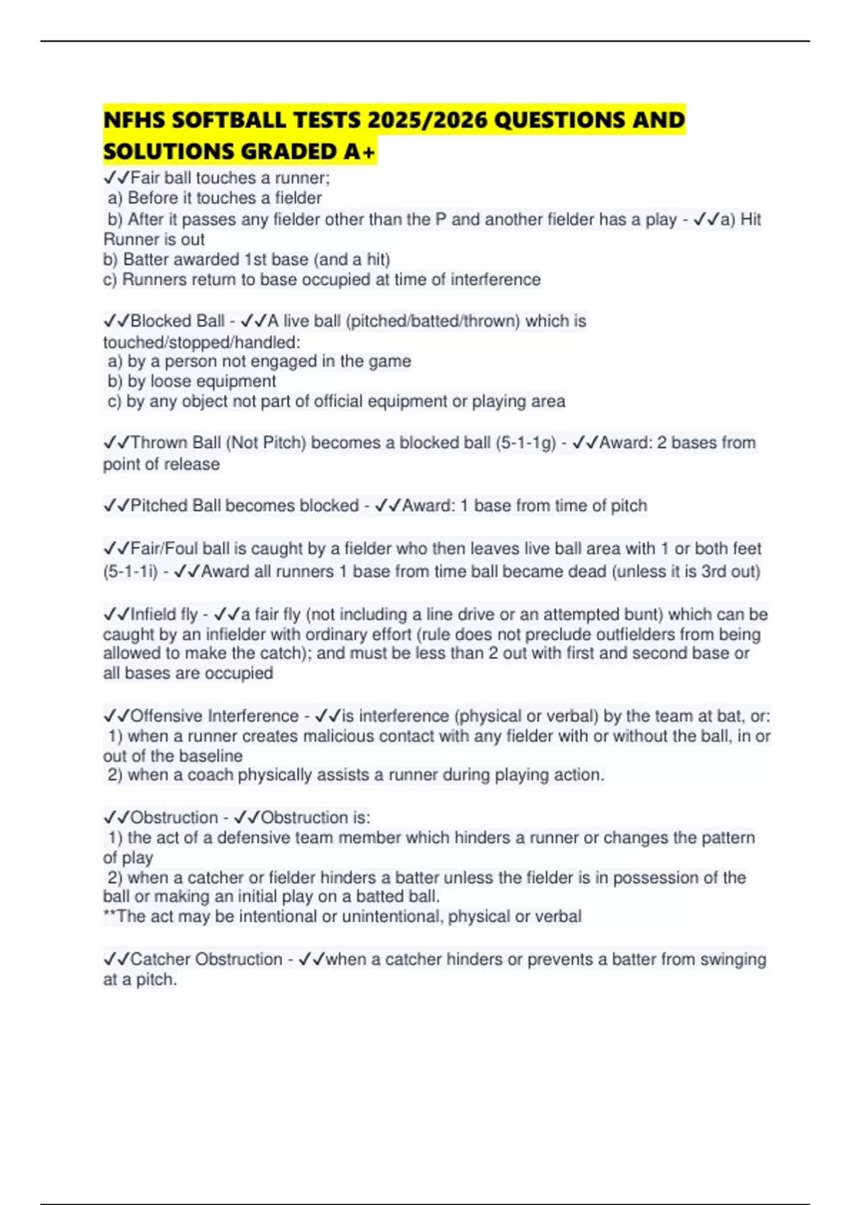 NFHS SOFTBALL TESTS 2025/2026 QUESTIONS AND SOLUTIONS GRADED A+ - NFHS ...