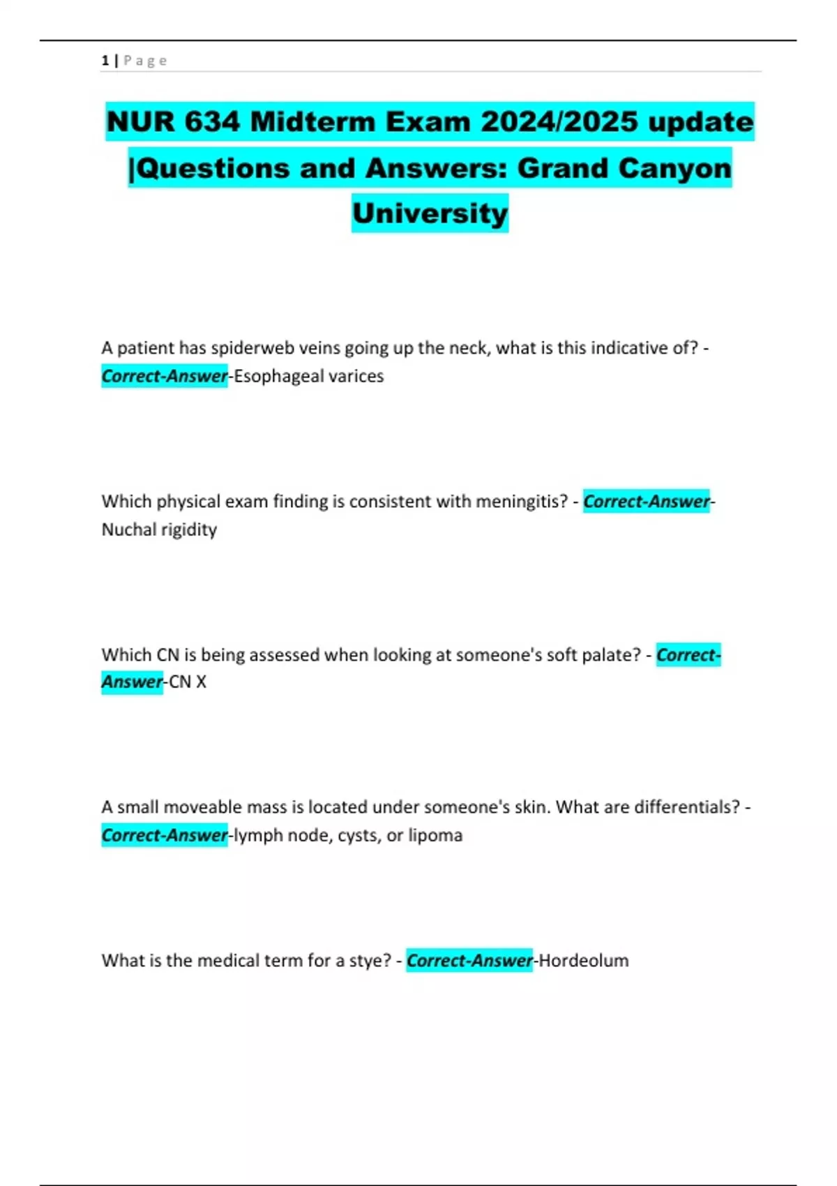 NUR 634 Midterm Exam 2024/2025 update |Questions and Answers: Grand ...