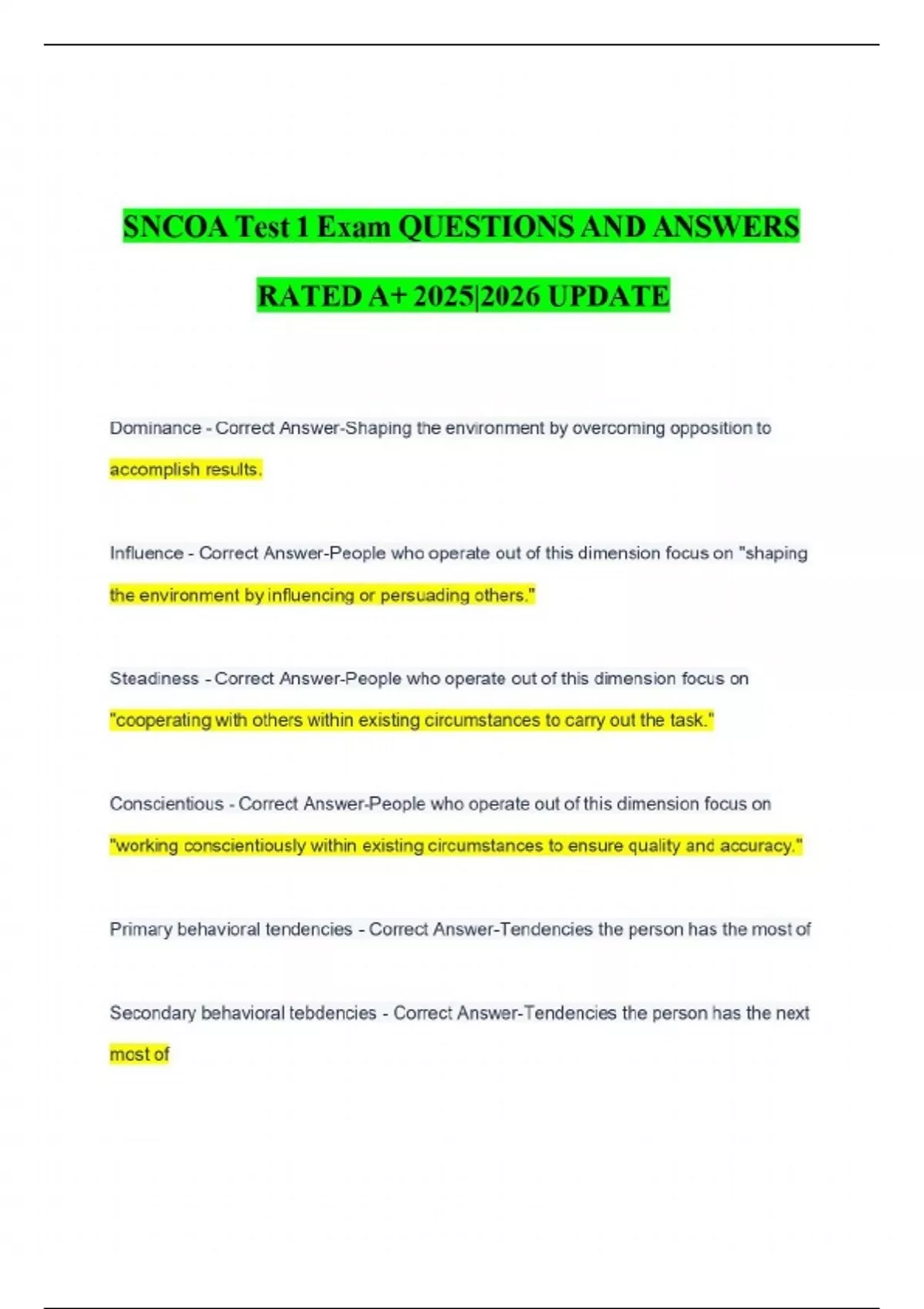 SNCOA Test 1 Exam QUESTIONS AND ANSWERS RATED A+ 2025|2026 UPDATE ...