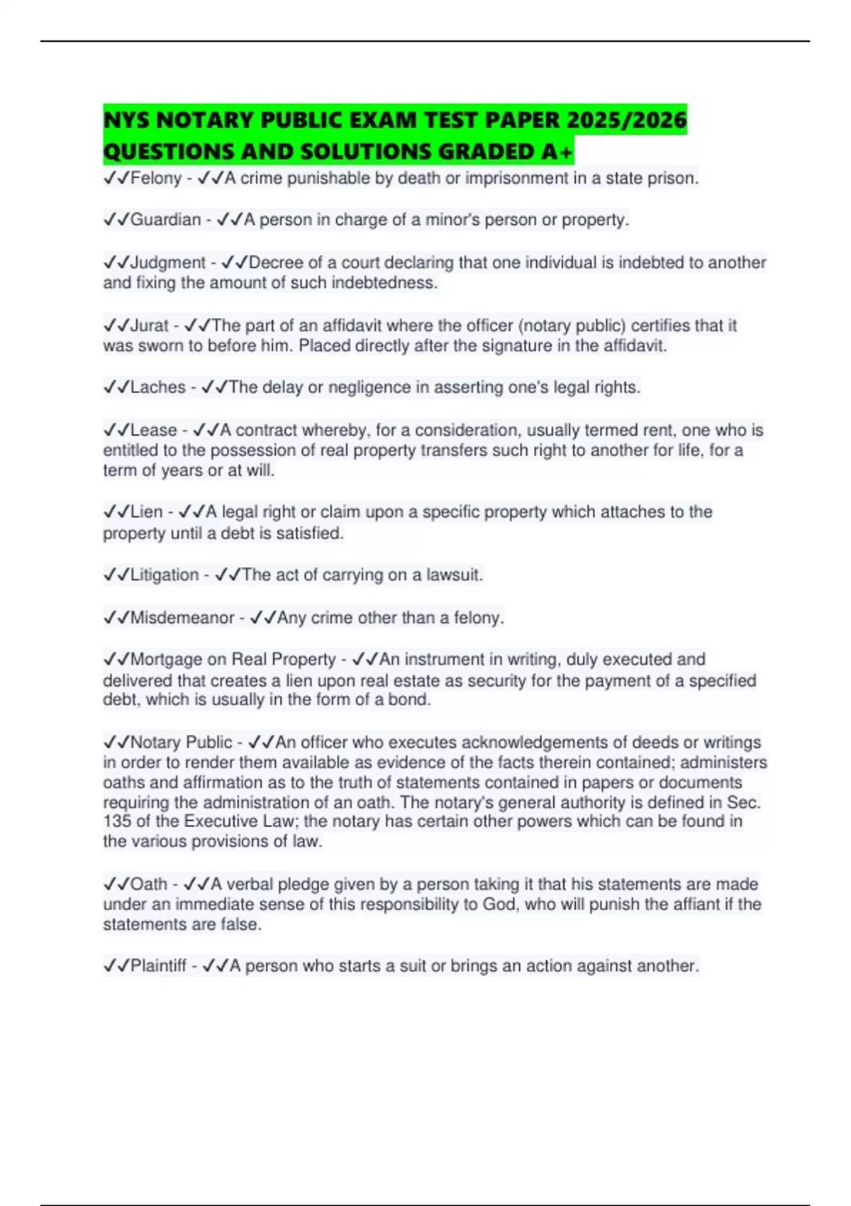 NYS NOTARY PUBLIC EXAM TEST PAPER 2025/2026 QUESTIONS AND SOLUTIONS ...