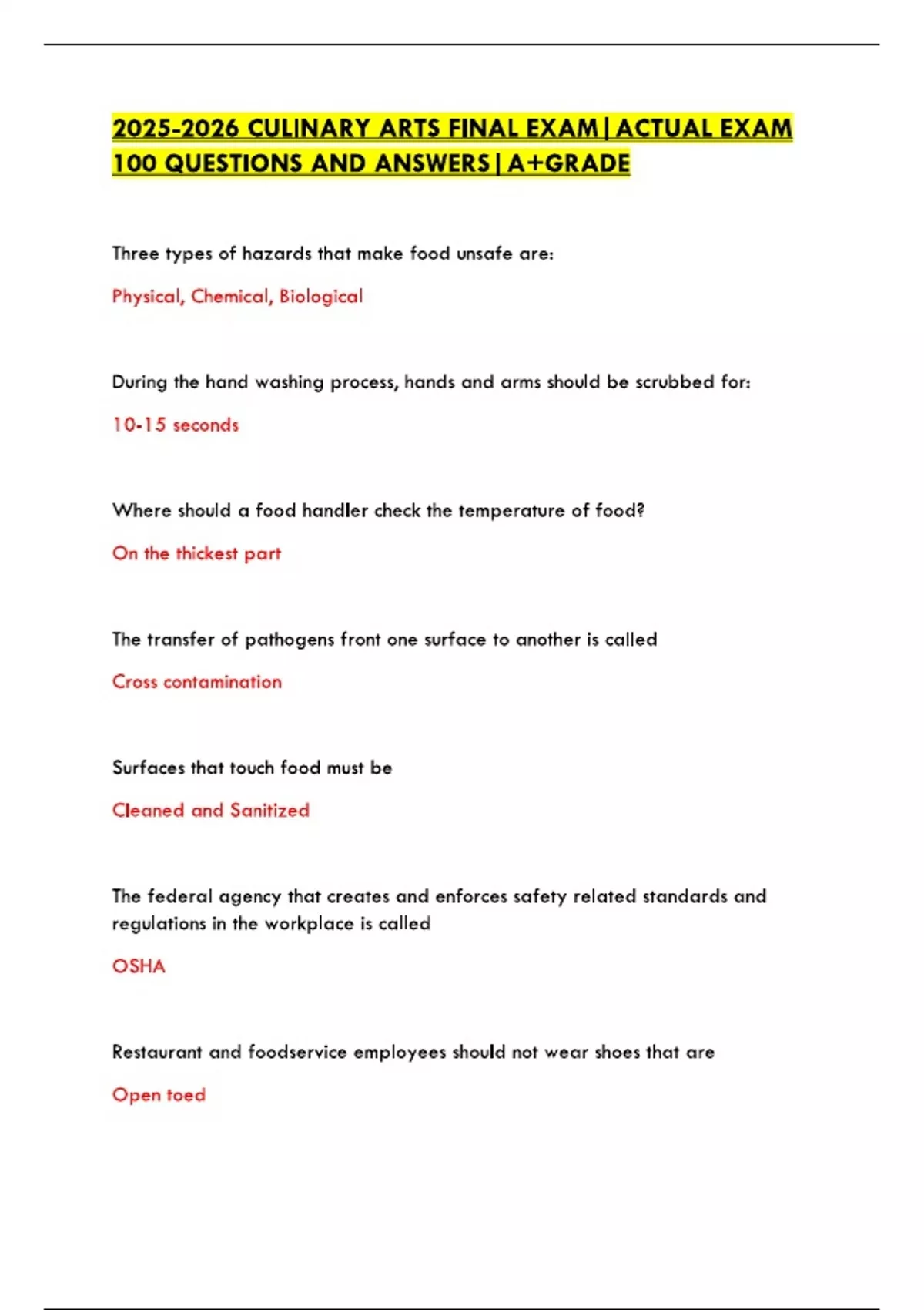 CULINARY ARTS FINAL EXAM|ACTUAL EXAM 100 QUESTIONS AND ANSWERS|A+GRADE ...