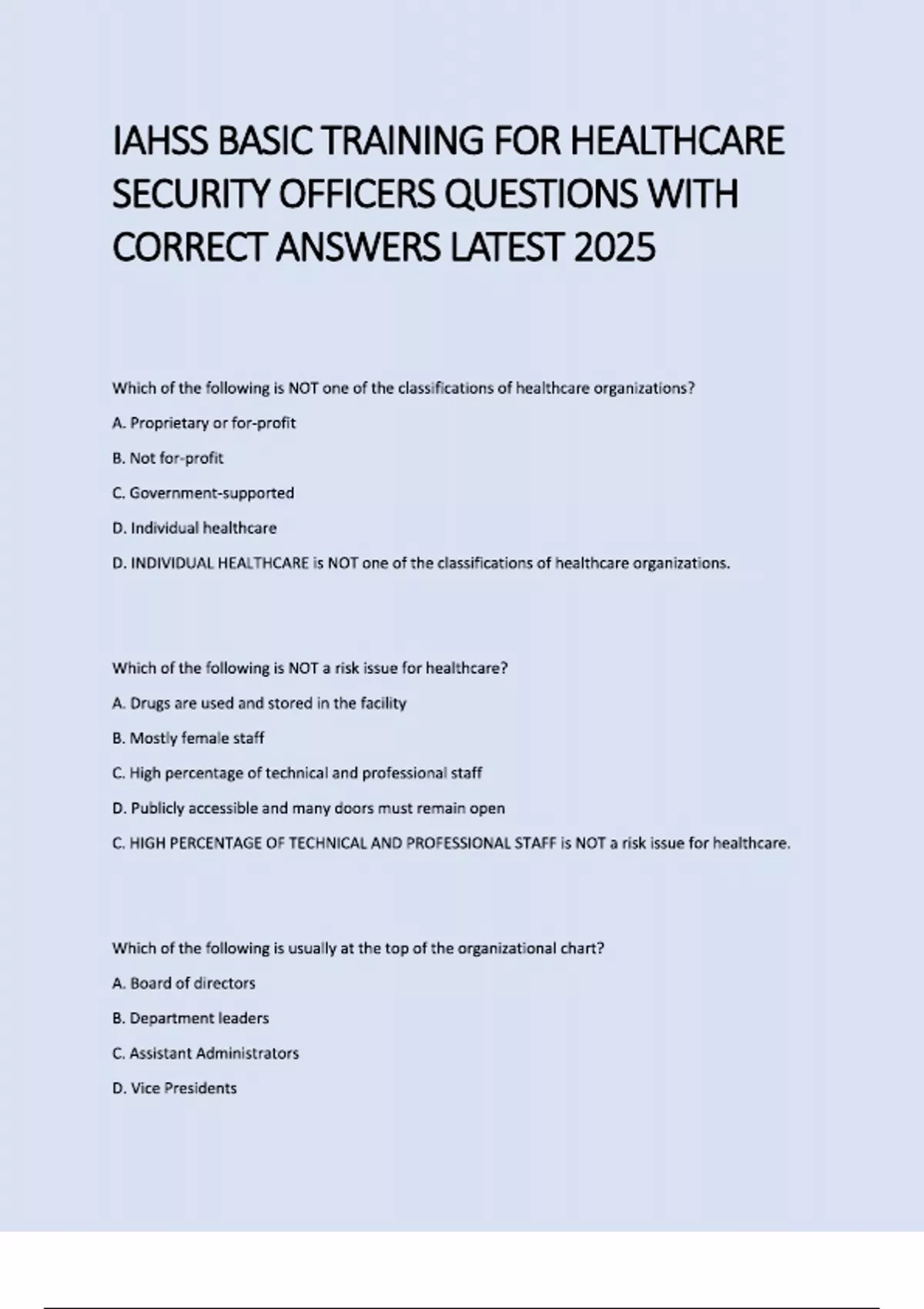 IAHSS BASIC TRAINING FOR HEALTHCARE SECURITY OFFICERS QUESTIONS WITH ...