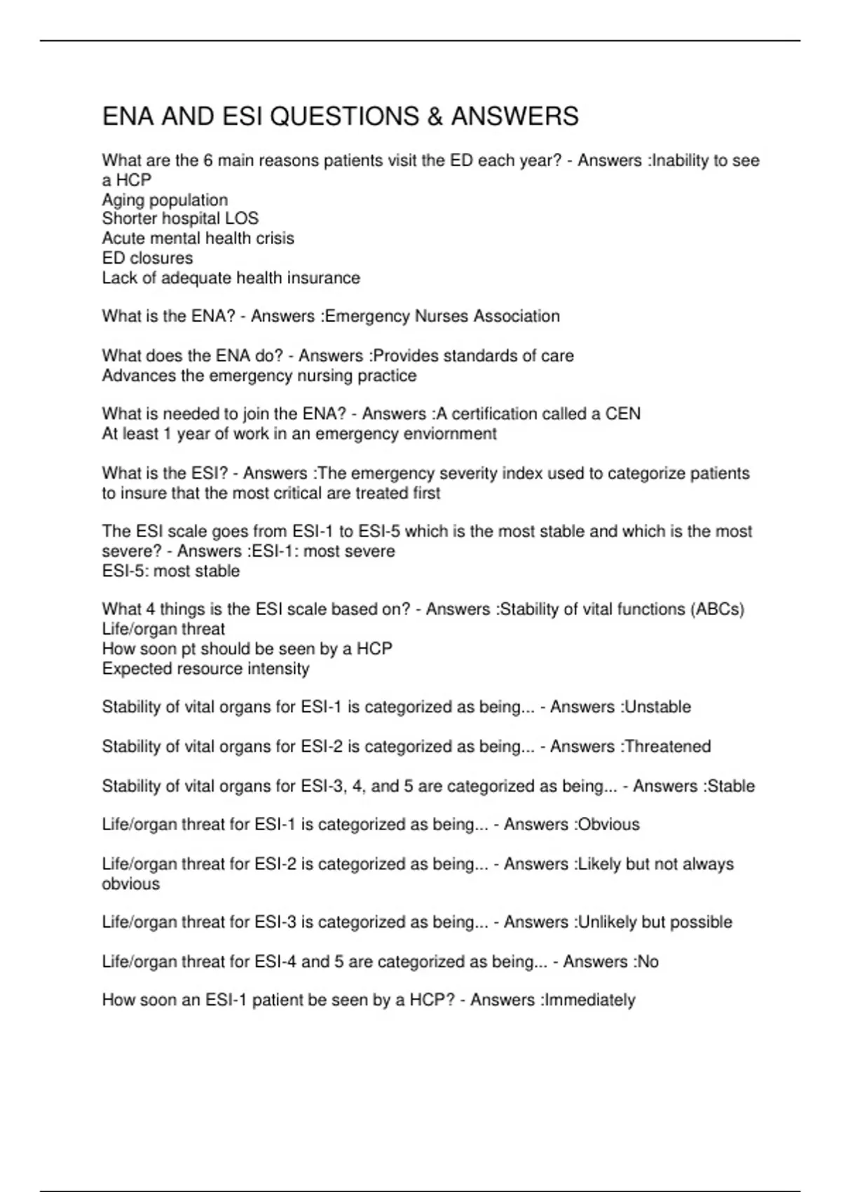 ENA AND ESI QUESTIONS & ANSWERS - ENA AND ESI - Stuvia US