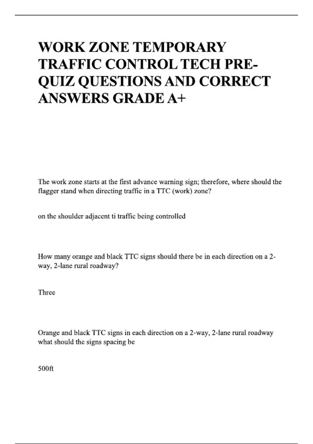 WORK ZONE TEMPORARY TRAFFIC CONTROL TECH PRE-QUIZ QUESTIONS AND CORRECT ...