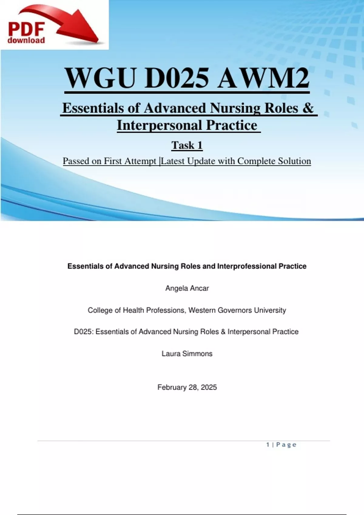 WGU D025 AWM2 Essentials of Advanced Nursing Roles & Interpersonal ...