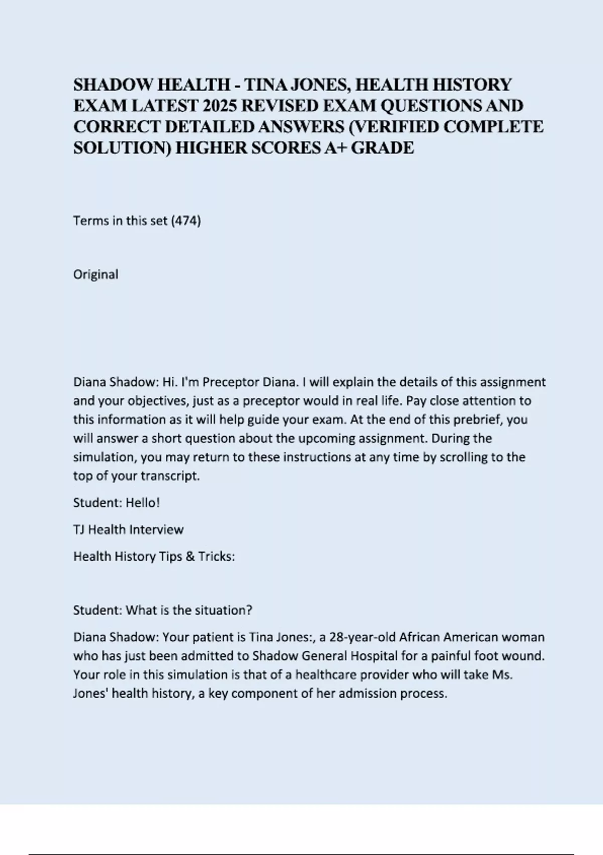 SHADOW HEALTH - TINA JONES, HEALTH HISTORY EXAM LATEST 2025 REVISED ...