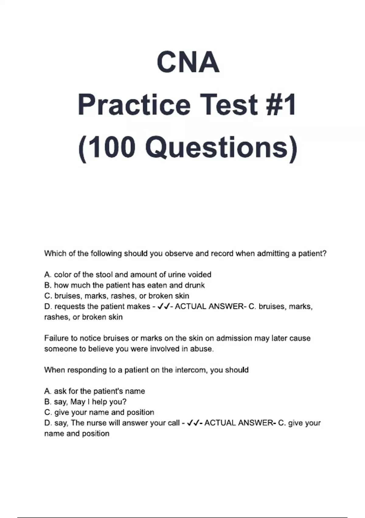 CNA Practice Test 1 [NEW 2025/2026 UPDATE] ALL COMPREHENSIVE QUESTIONS ...