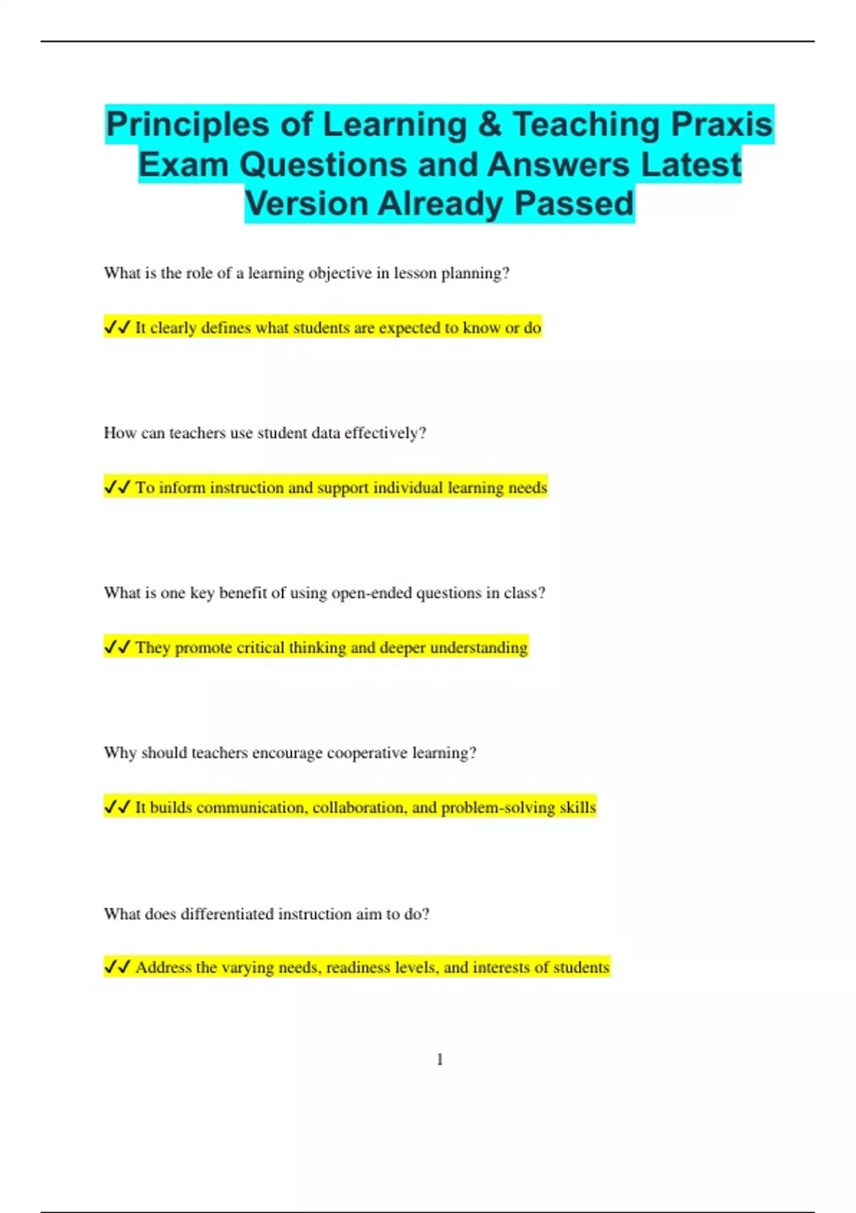 Principles of Learning & Teaching Praxis Exam Questions and Answers ...