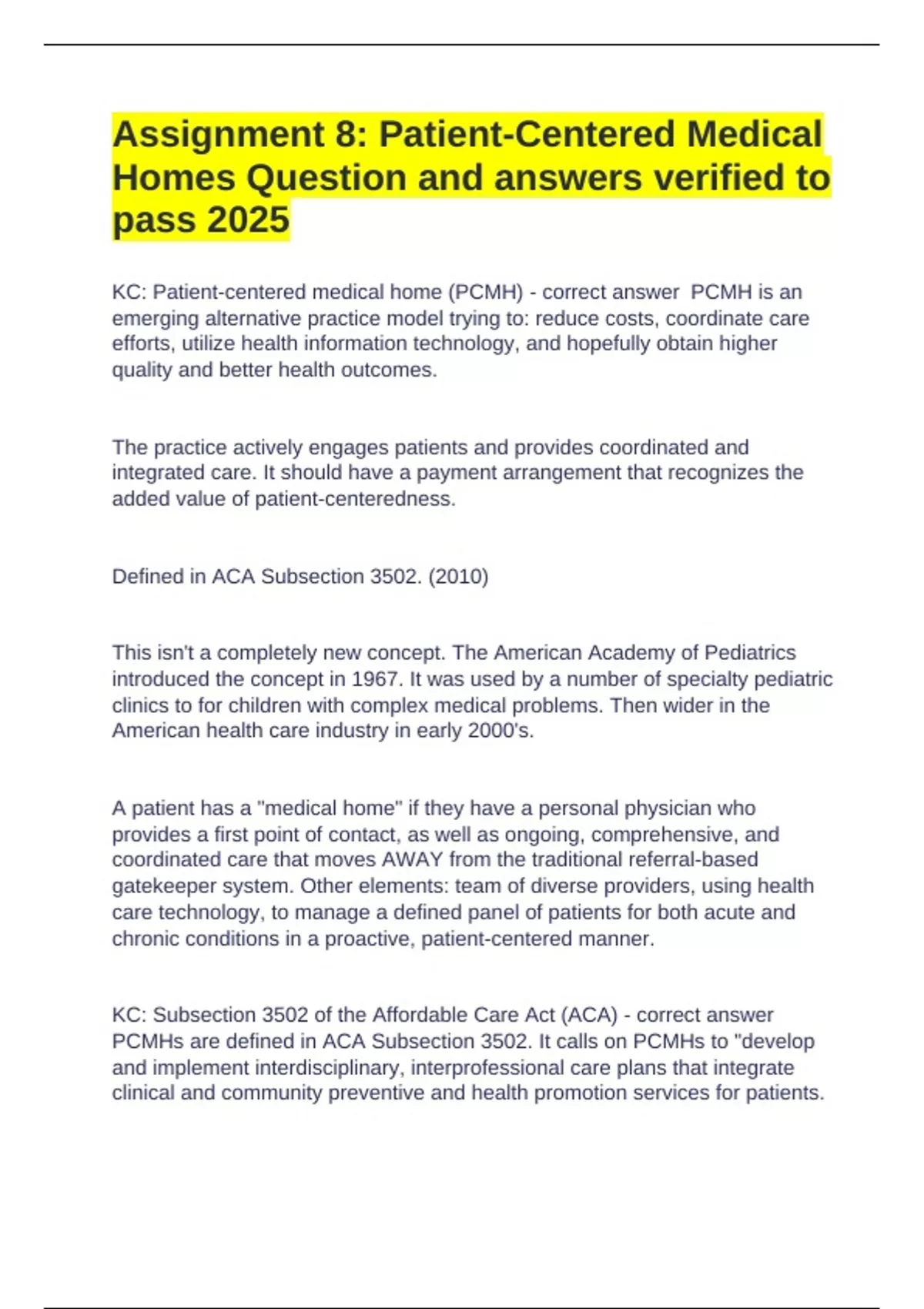 Assignment 8: Patient-Centered Medical Homes Question and answers ...