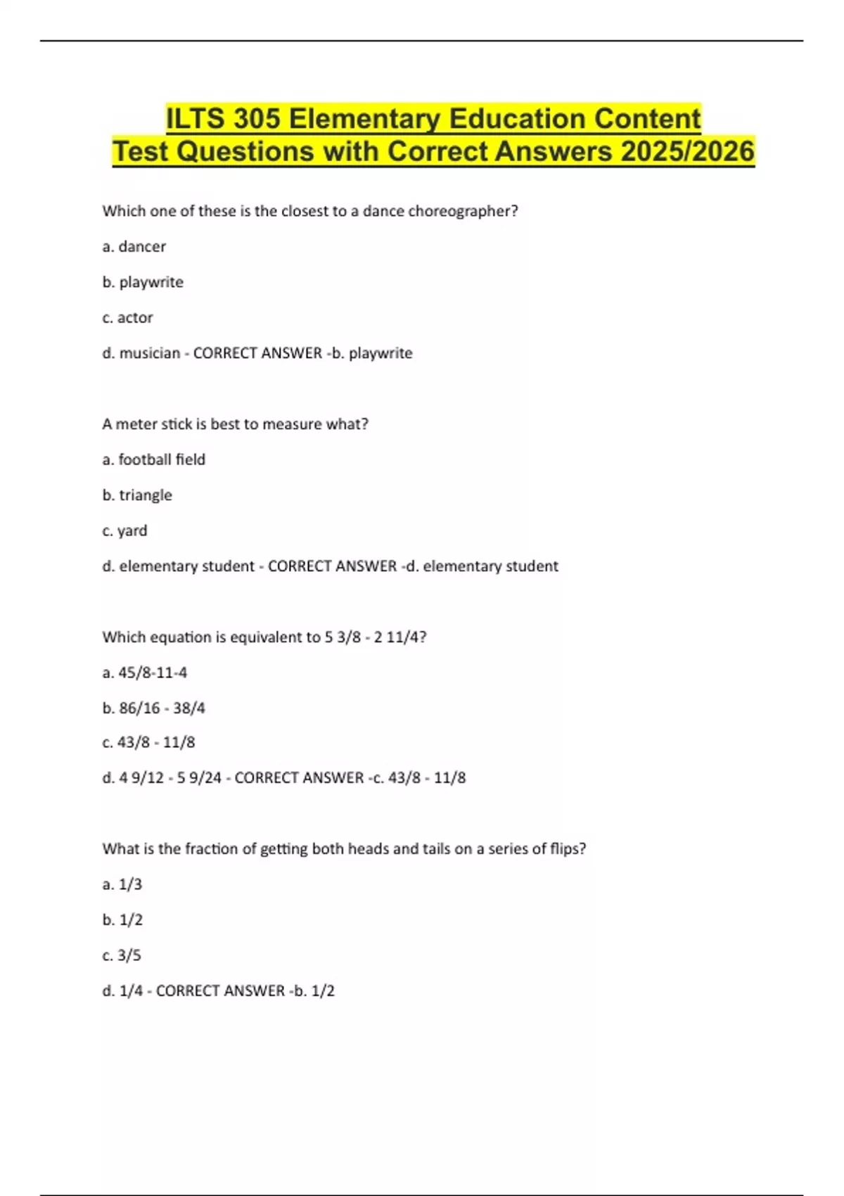 ILTS 305 Elementary Education Content Test Questions with Correct ...