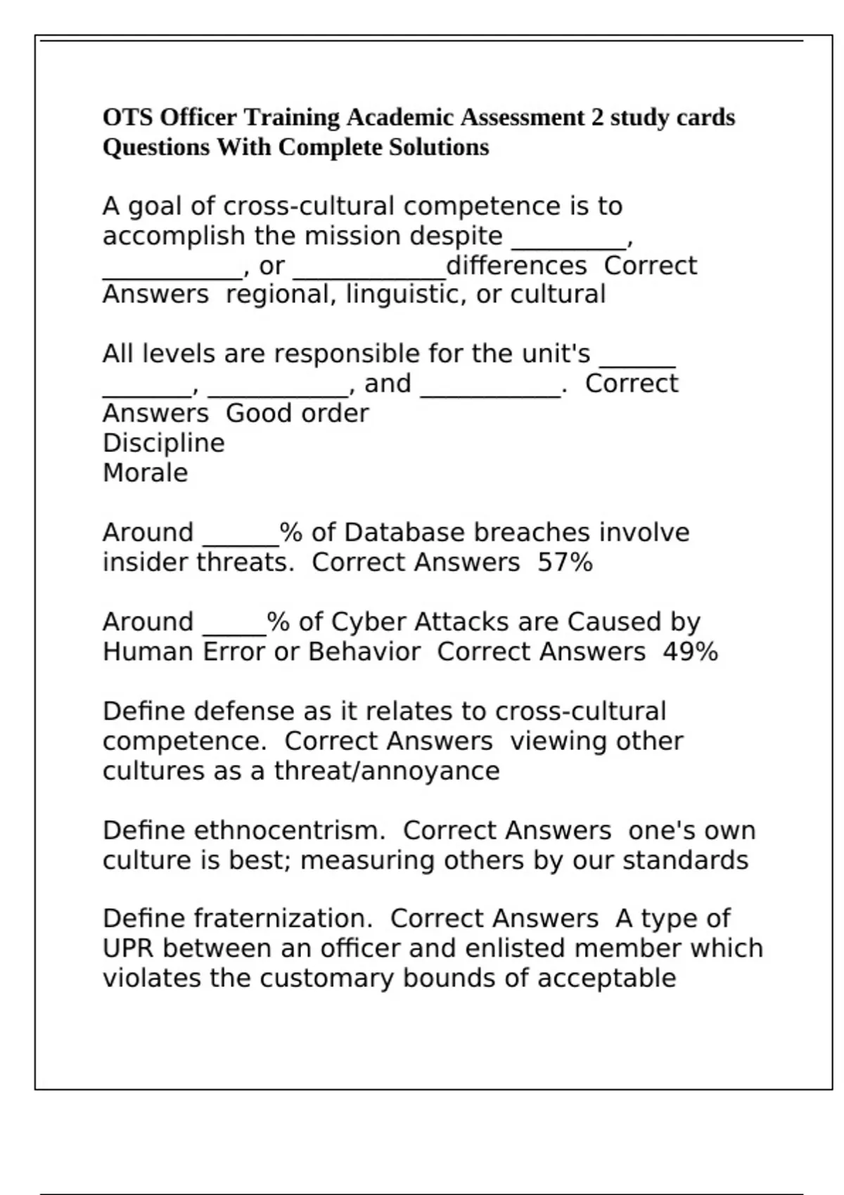 OTS Officer Training Academic Assessment 2 study cards Questions With ...