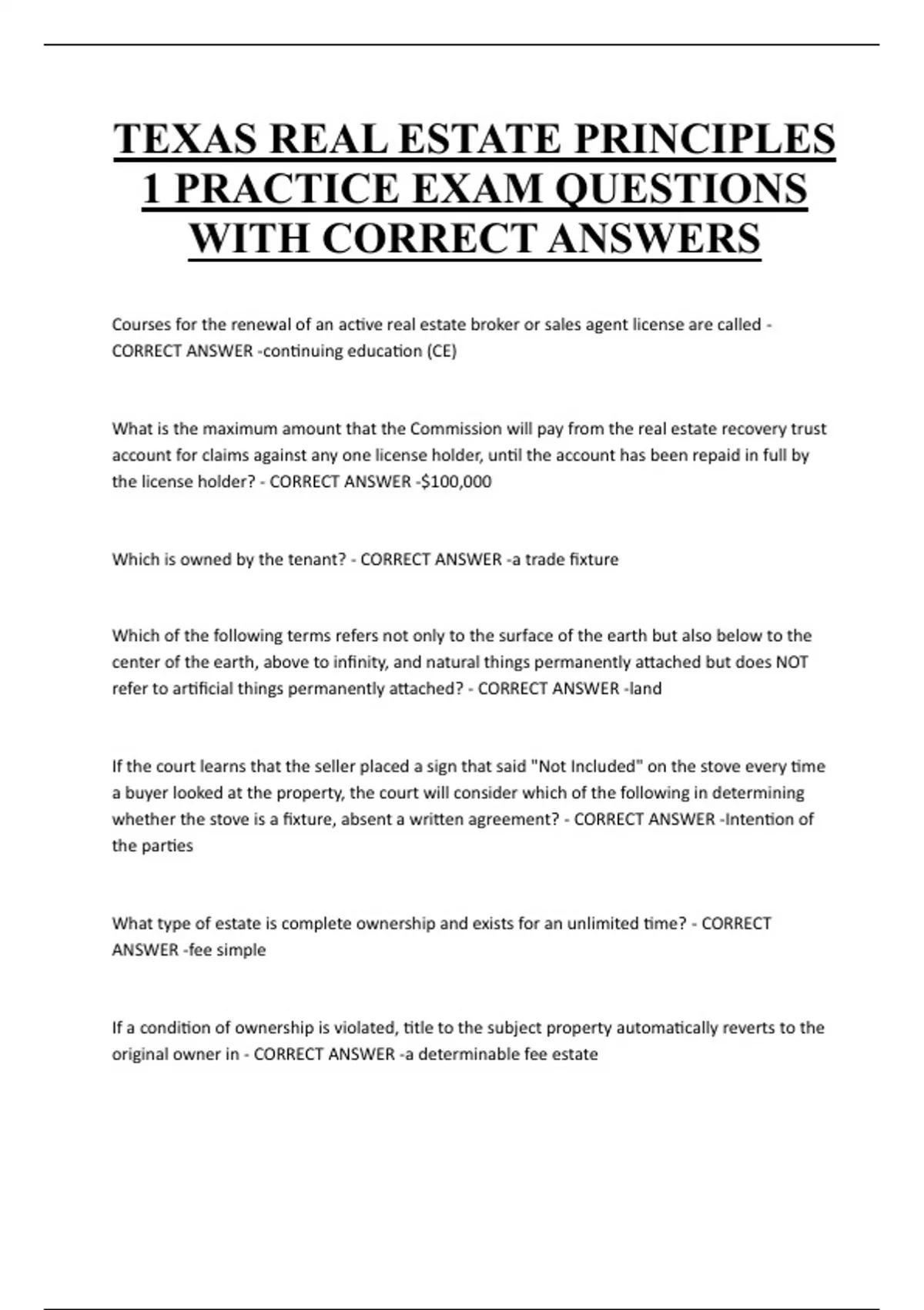 Texas Principles of Real Estate 1: Exam Questions with 100% Correct ...