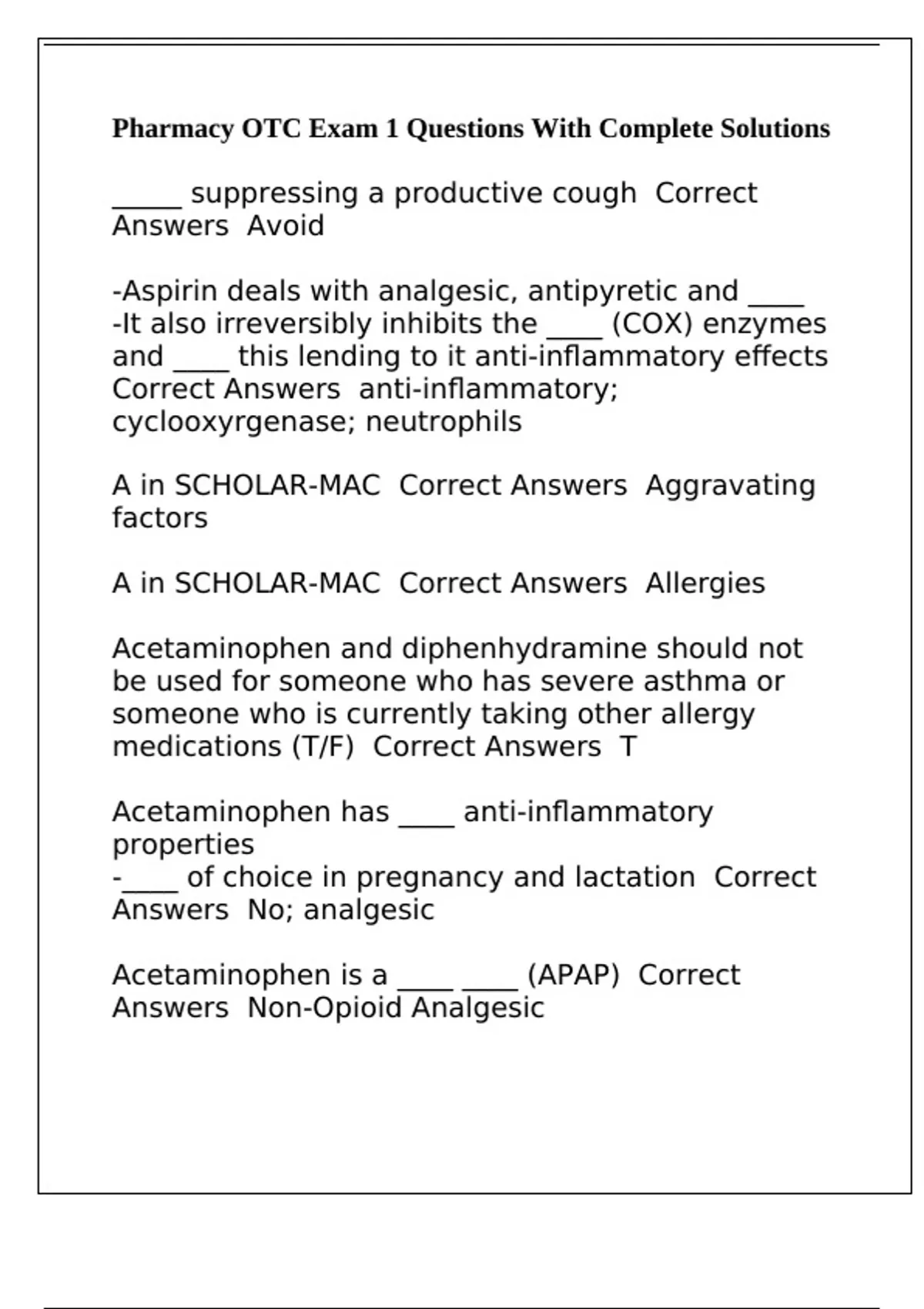 Pharmacy OTC Exam 1 Questions With Complete Solutions - OTC - Stuvia US