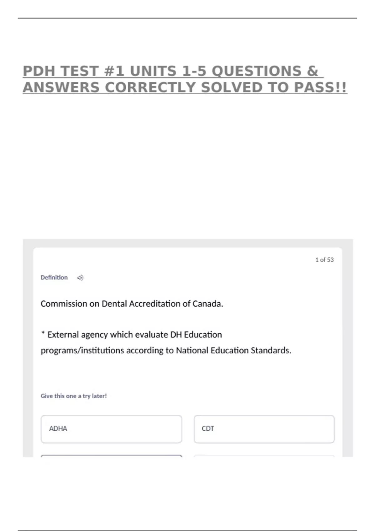 PDH TEST #1 UNITS 1-5 QUESTIONS & ANSWERS CORRECTLY SOLVED TO PASS ...